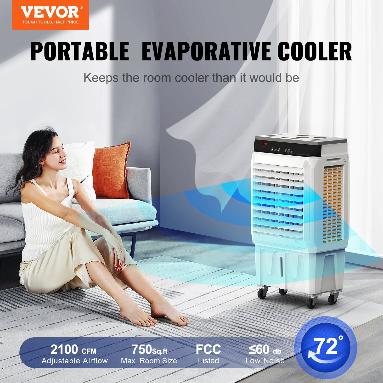 VEVOR Evaporative Air Cooler, 2100 CFM, 135 ° Oscillating Swamp Cooler ...