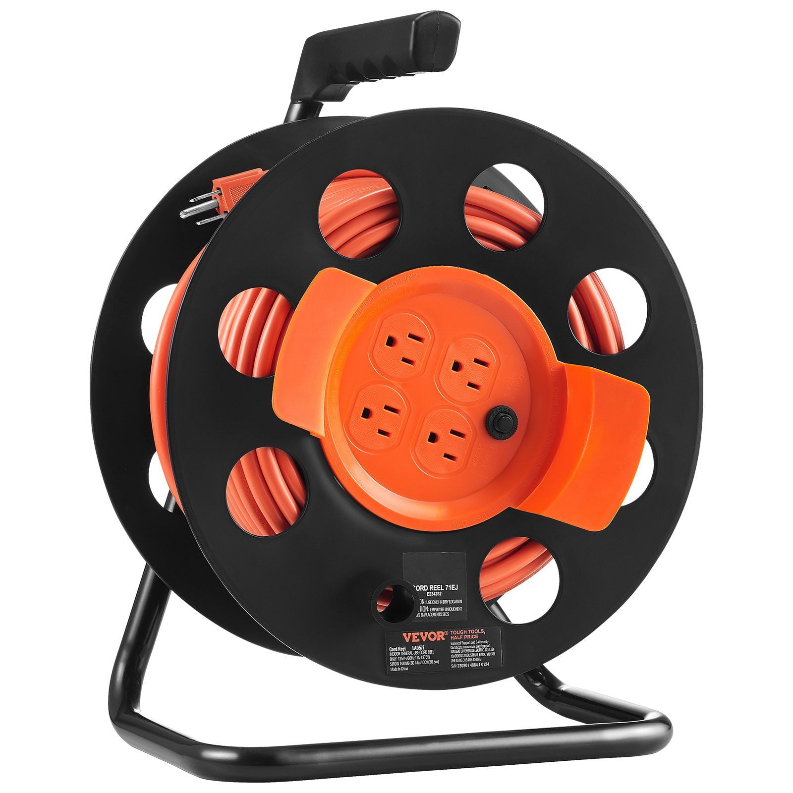 VEVOR Extension Cord Reel, 100FT, with 4 Outlets and Dust Cover, Heavy ...