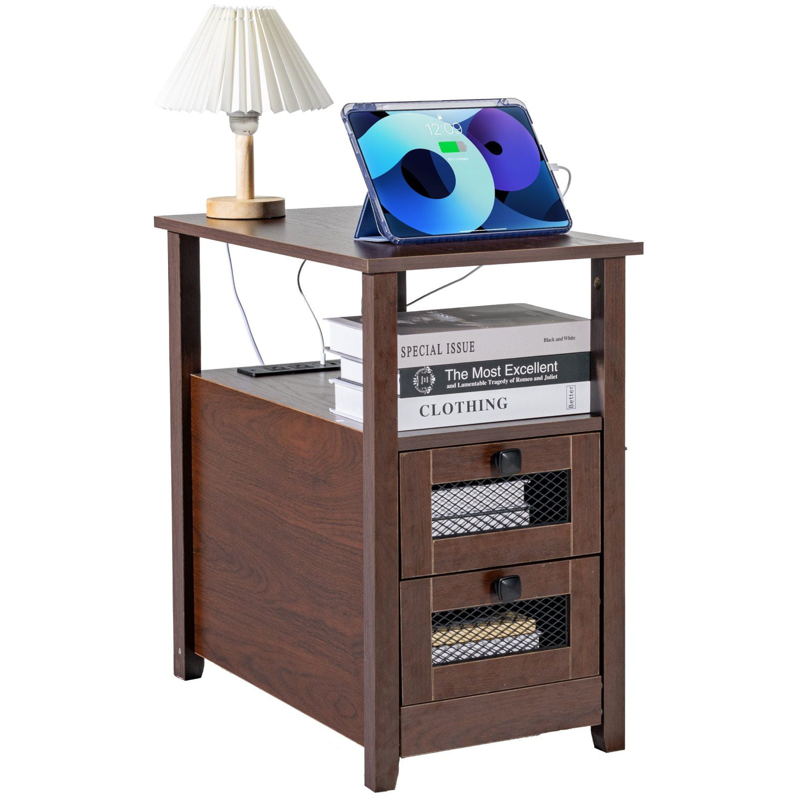 VEVOR Farmhouse End Table, Narrow Night Stand with USB Ports and ...