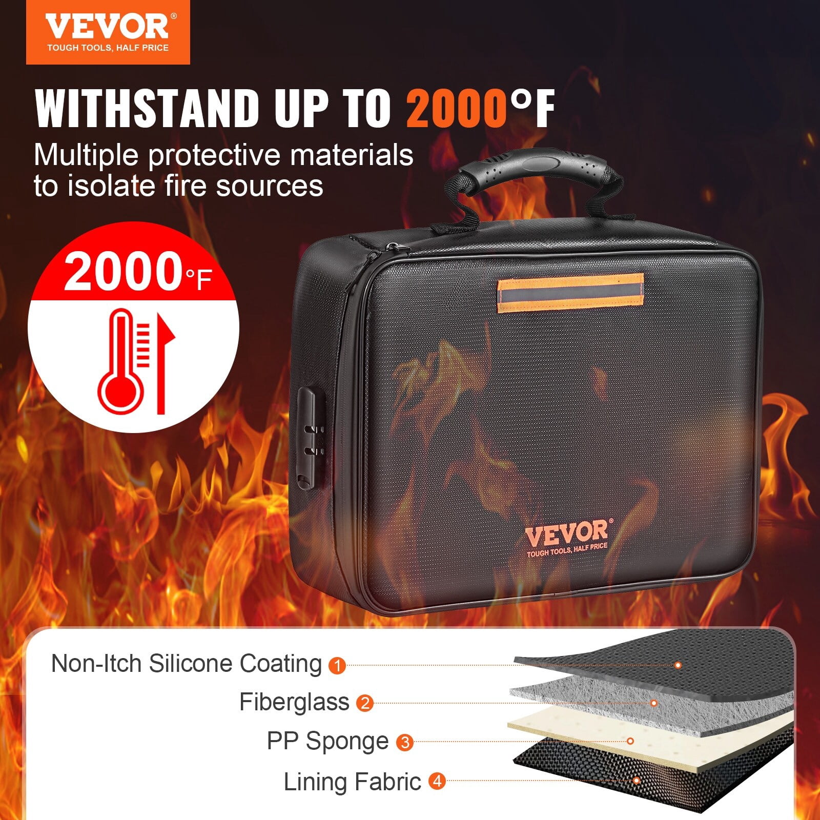 VEVOR Fireproof Document Box with Lock 2000 14.17x10.63x4.13, 15.35x12 ...