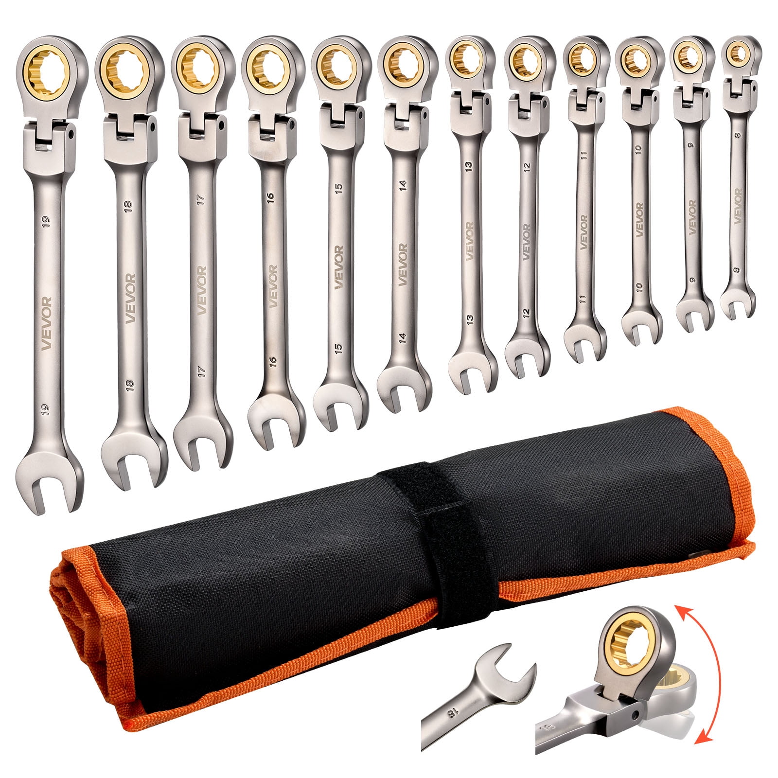 VEVOR Flex-Head Ratcheting Wrench Set, 12-Piece Metric 8 mm to 19 mm ...