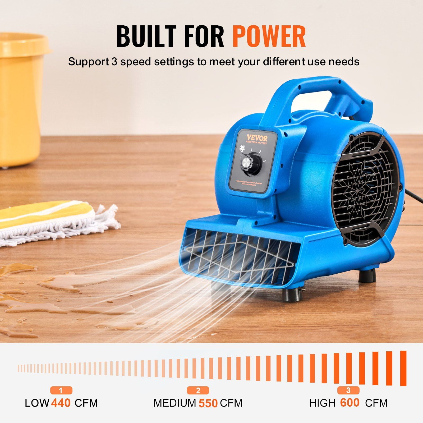 VEVOR Floor Blower 1360 RPM 600 CFM Air Mover with 4 Blowing Angles 3 ...