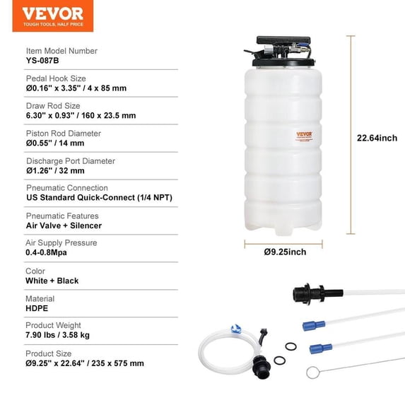 VEVOR Fluid Extractor, 4 Gallons (15 L), Pneumatic/Manual Oil Changer ...