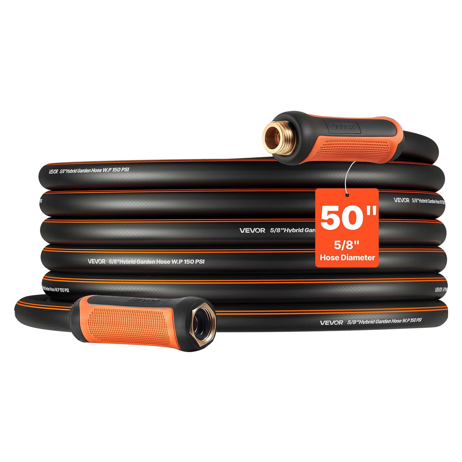 VEVOR Garden Hose, 50 ft 5/8" Heavy Duty 4-Layer Rubber Water Hose ...