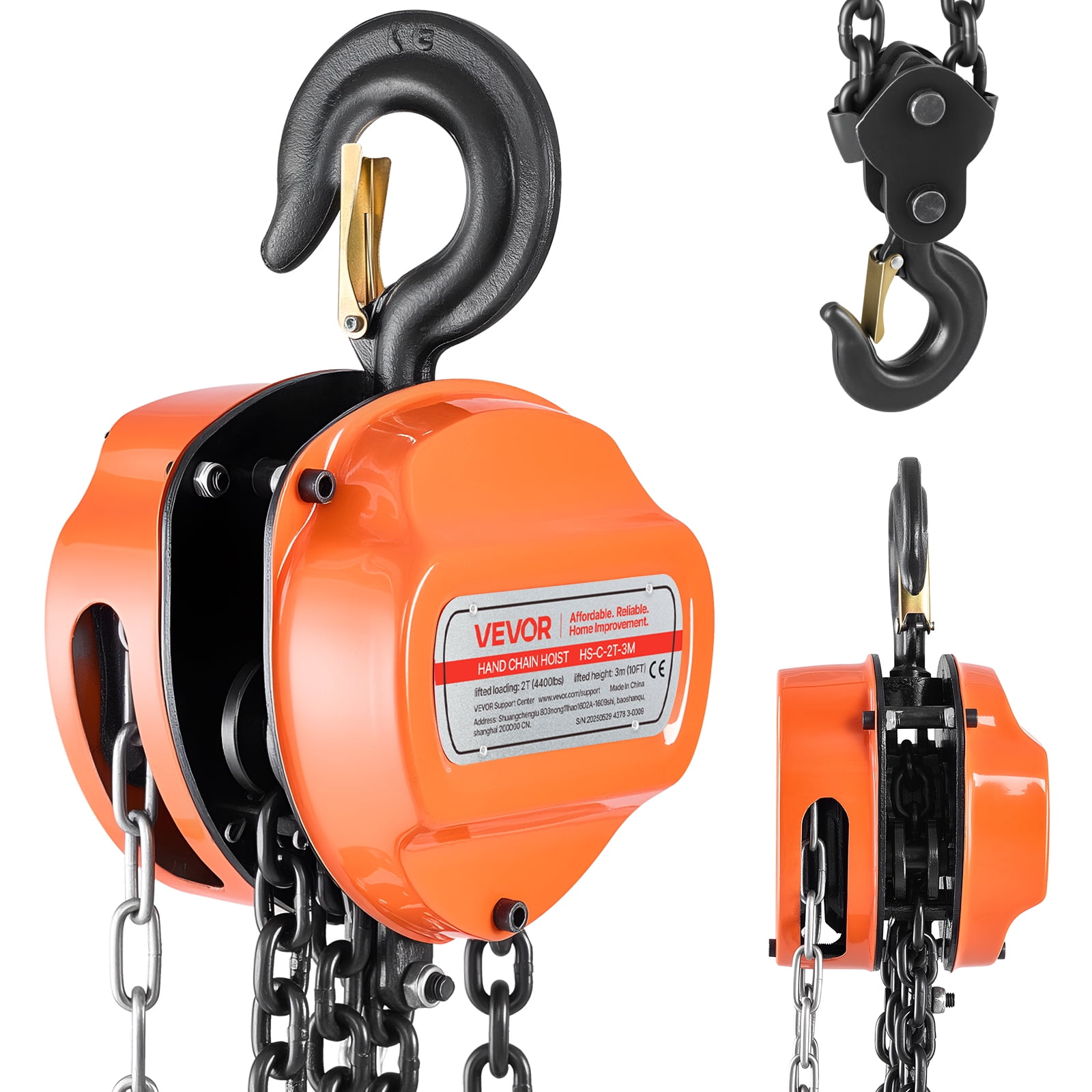 VEVOR Hand Chain Hoist, 2 Ton 4400 lbs Capacity, Manual Chain Block ...