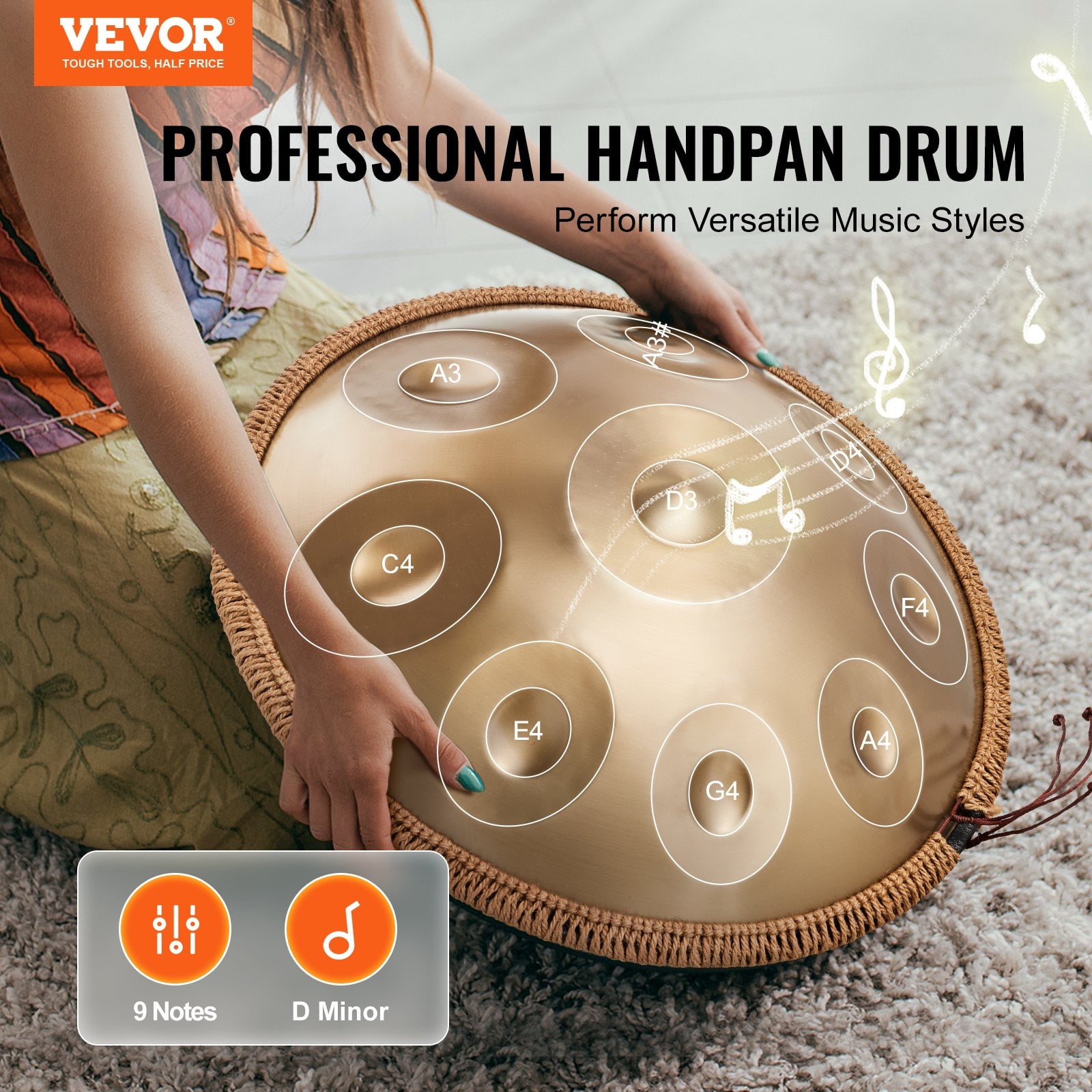 VEVOR Handpan Drum 22 in 9 Notes D Minor Steel Hand Drum with Mallets ...