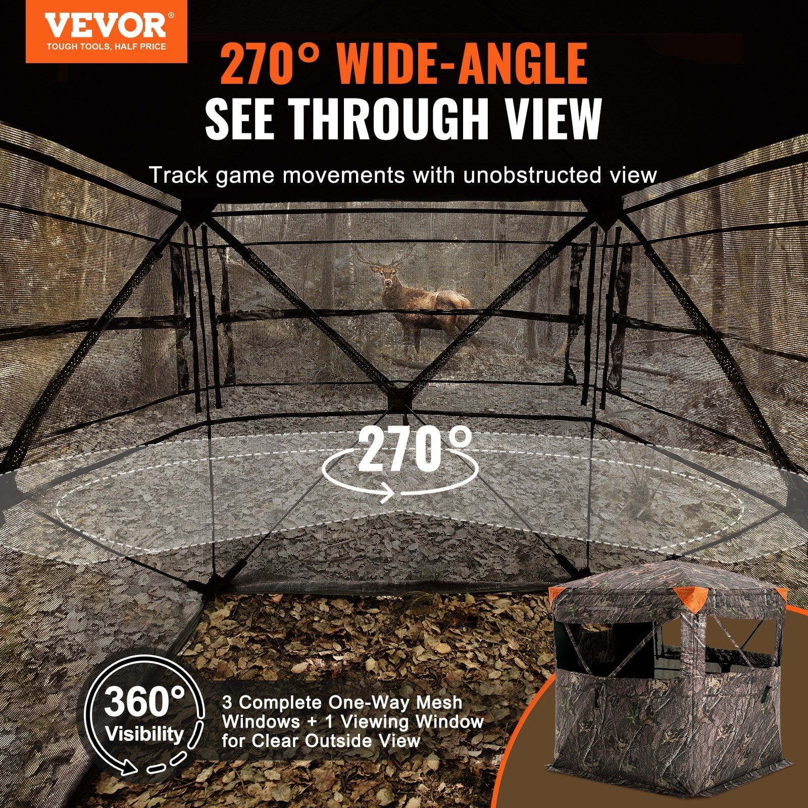 VEVOR Hunting Blind, 270° See Through Ground Blind, 1-2 Person Pop Up ...