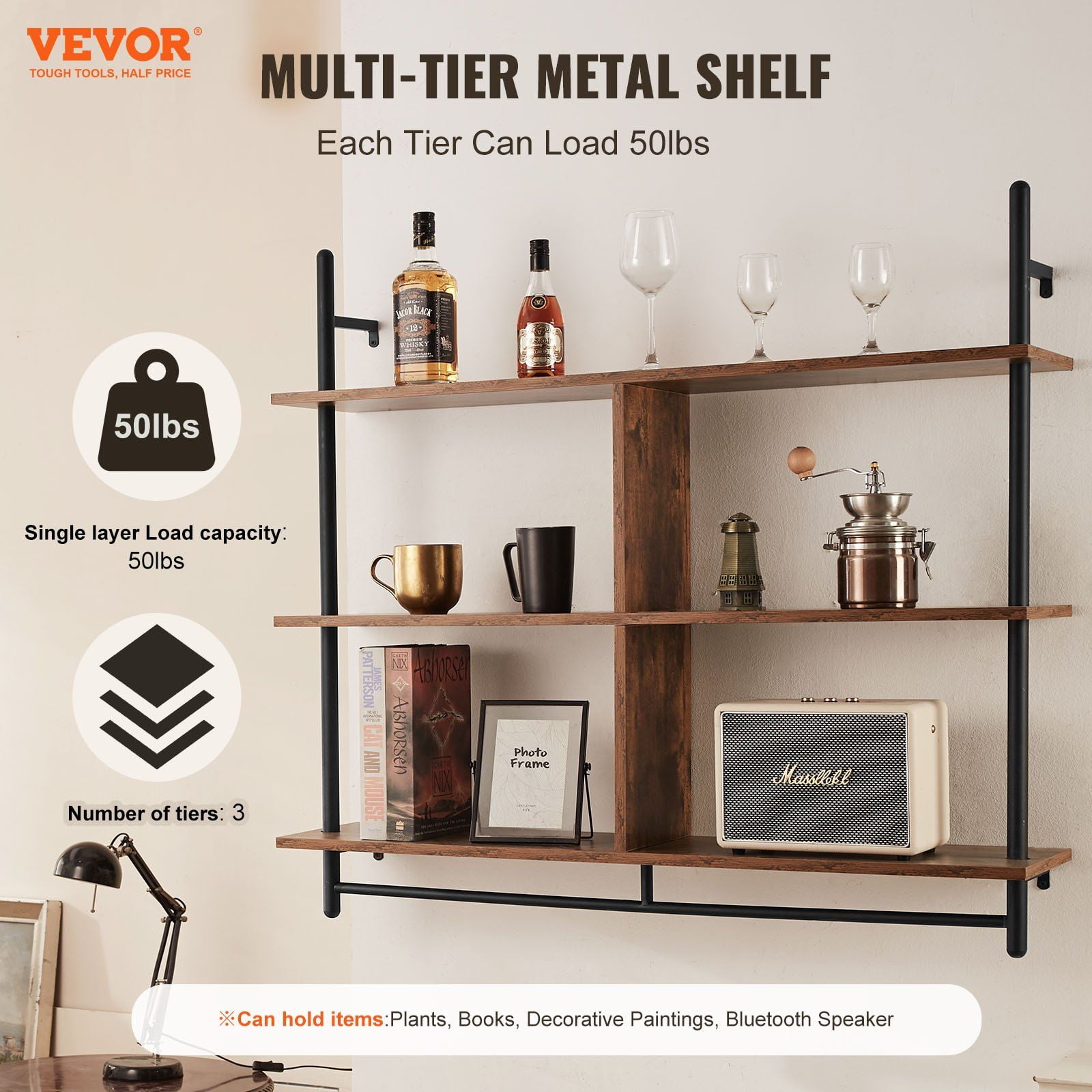 VEVOR Industrial Pipe Shelf 3 Tier 41.5x9.84in Wall-Mount for Kitchen ...