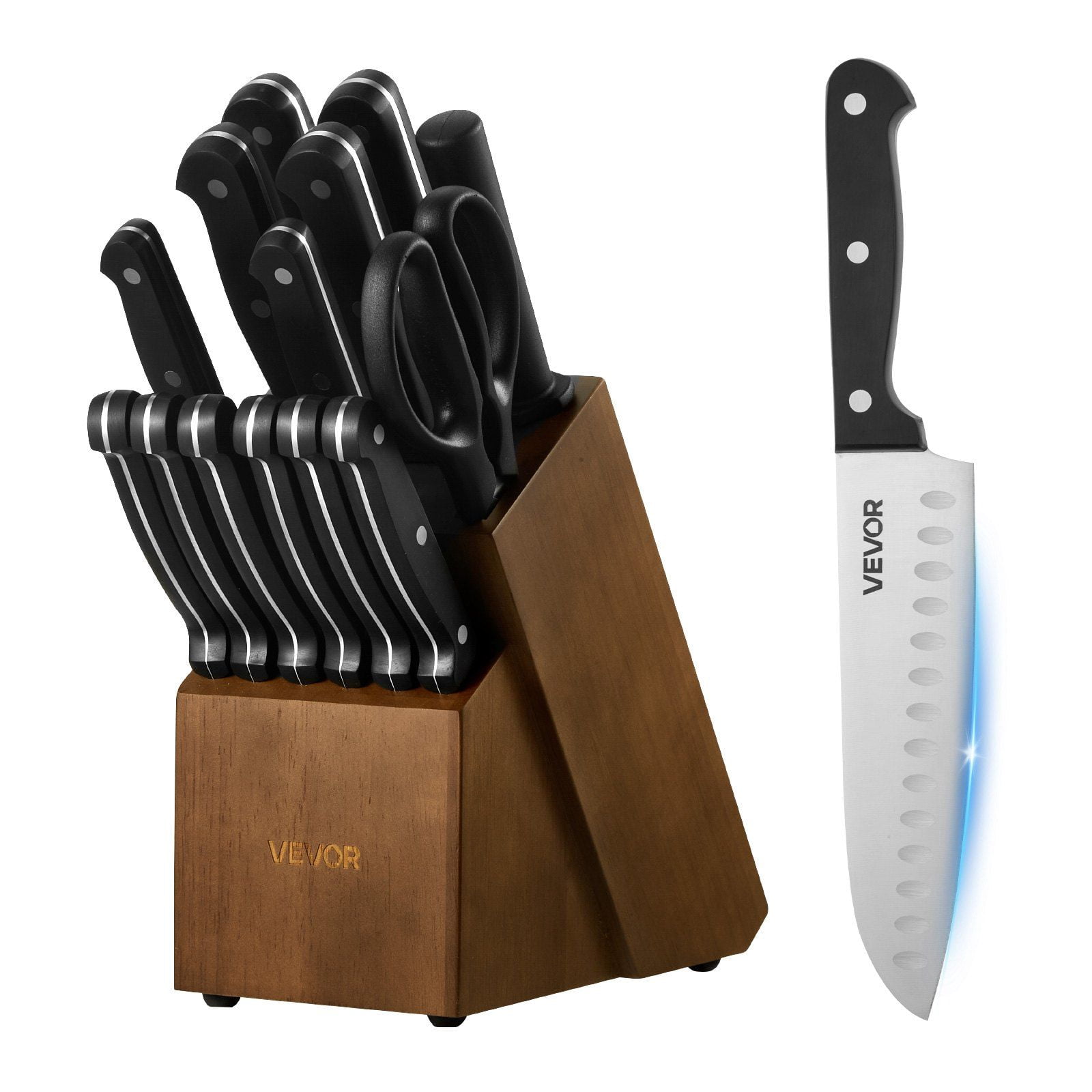 VEVOR Kitchen Knife Set with Block and Sharpener, 15 Piece German High ...