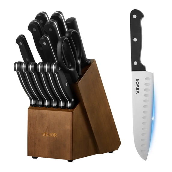 VEVOR Kitchen Knife Set with Block and Sharpener, 15 Piece German High ...