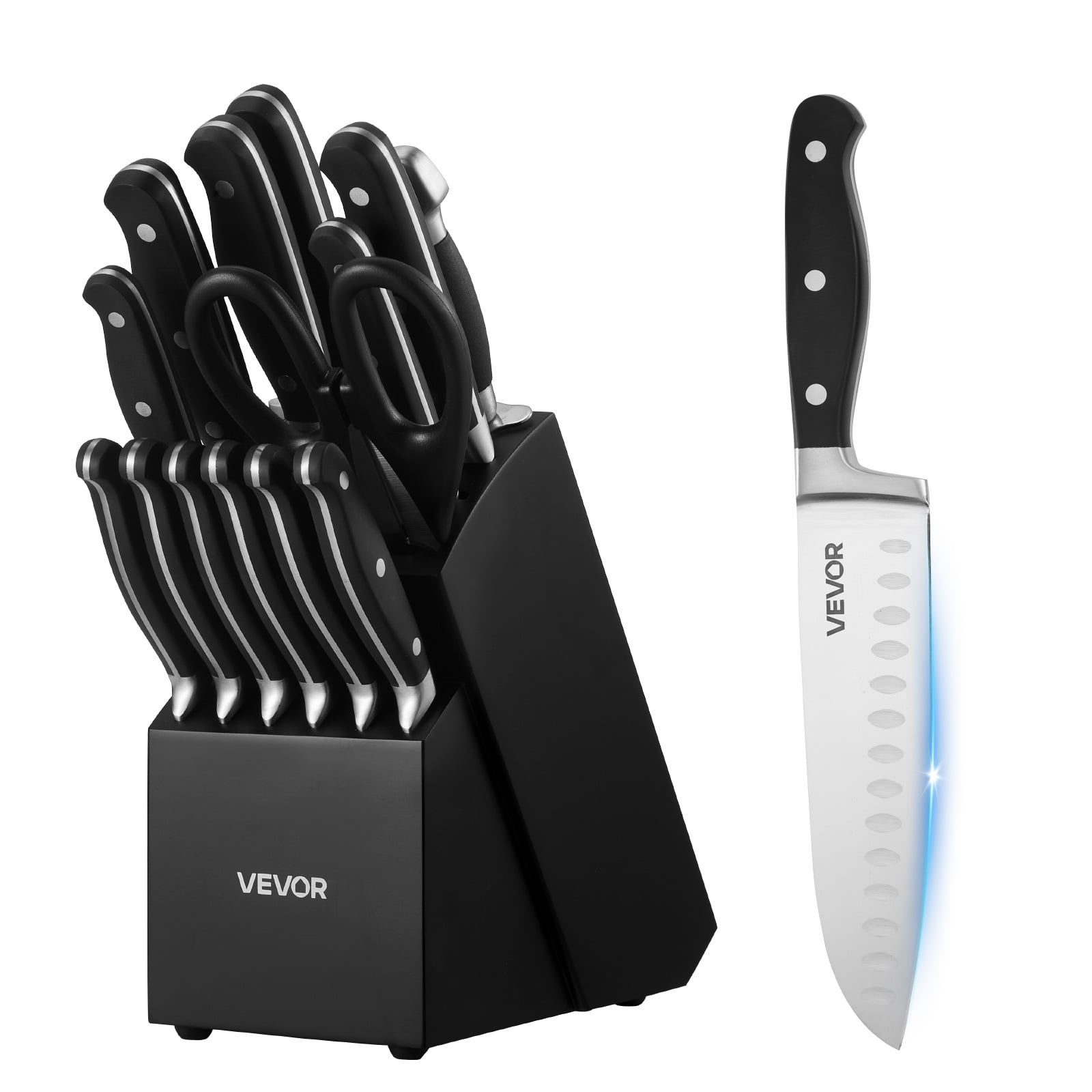 VEVOR Kitchen Knife Set with Block and Sharpener, 15 Piece High Carbon ...