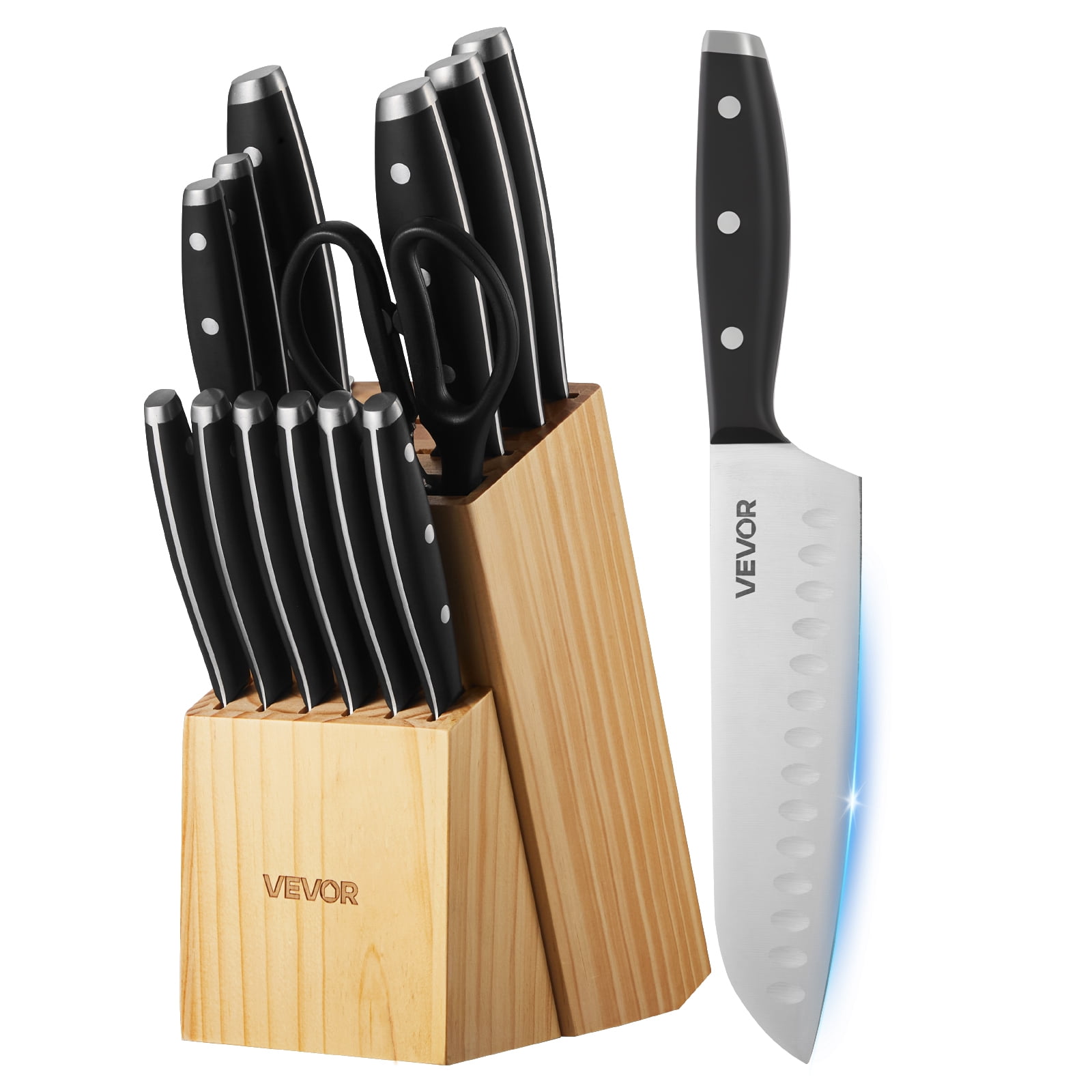 VEVOR Kitchen Knife Set with Block and Sharpener, 15 Piece High Carbon ...