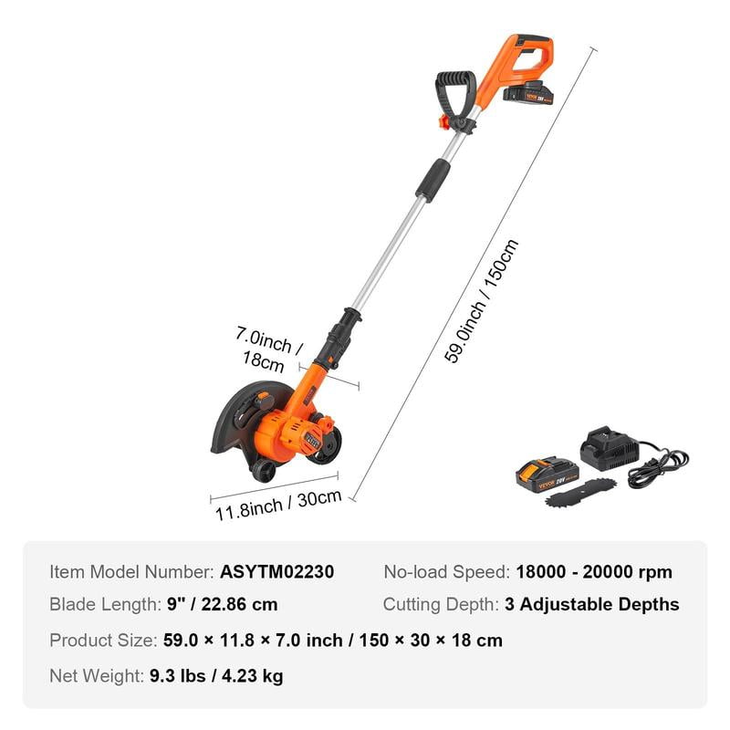 VEVOR Lawn Edger, 20 V Battery Powered Cordless Edger, 9-inch Blade ...