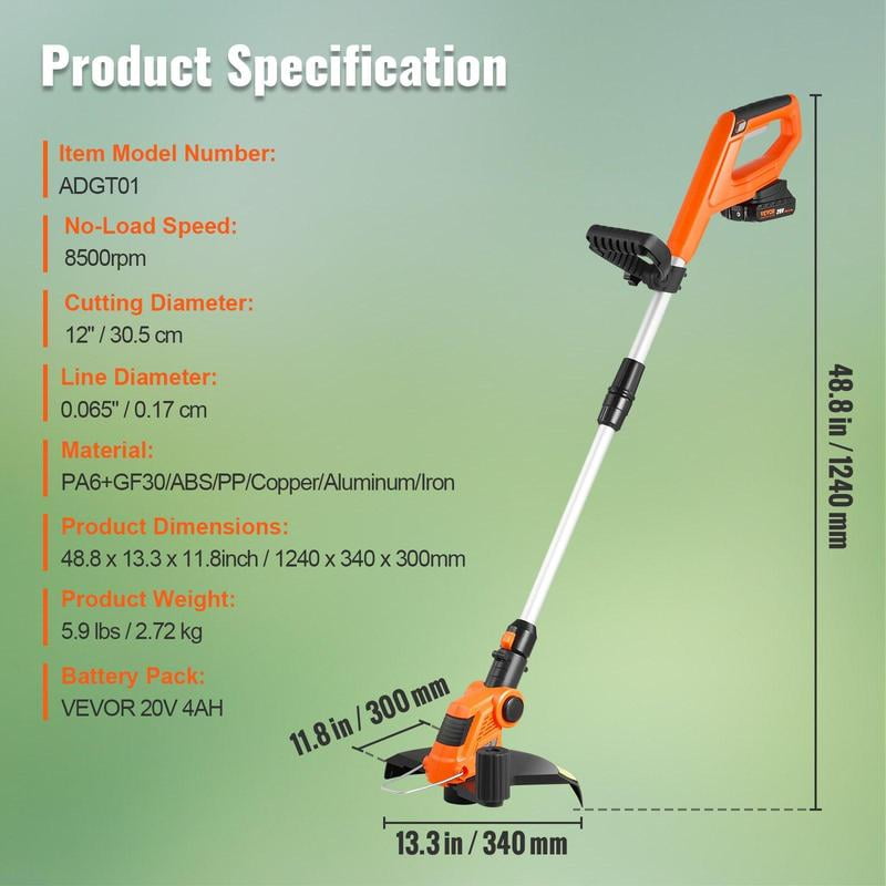 VEVOR Lawn Edger, 20 V Battery Powered Cordless Edger, 9-inch Blade ...