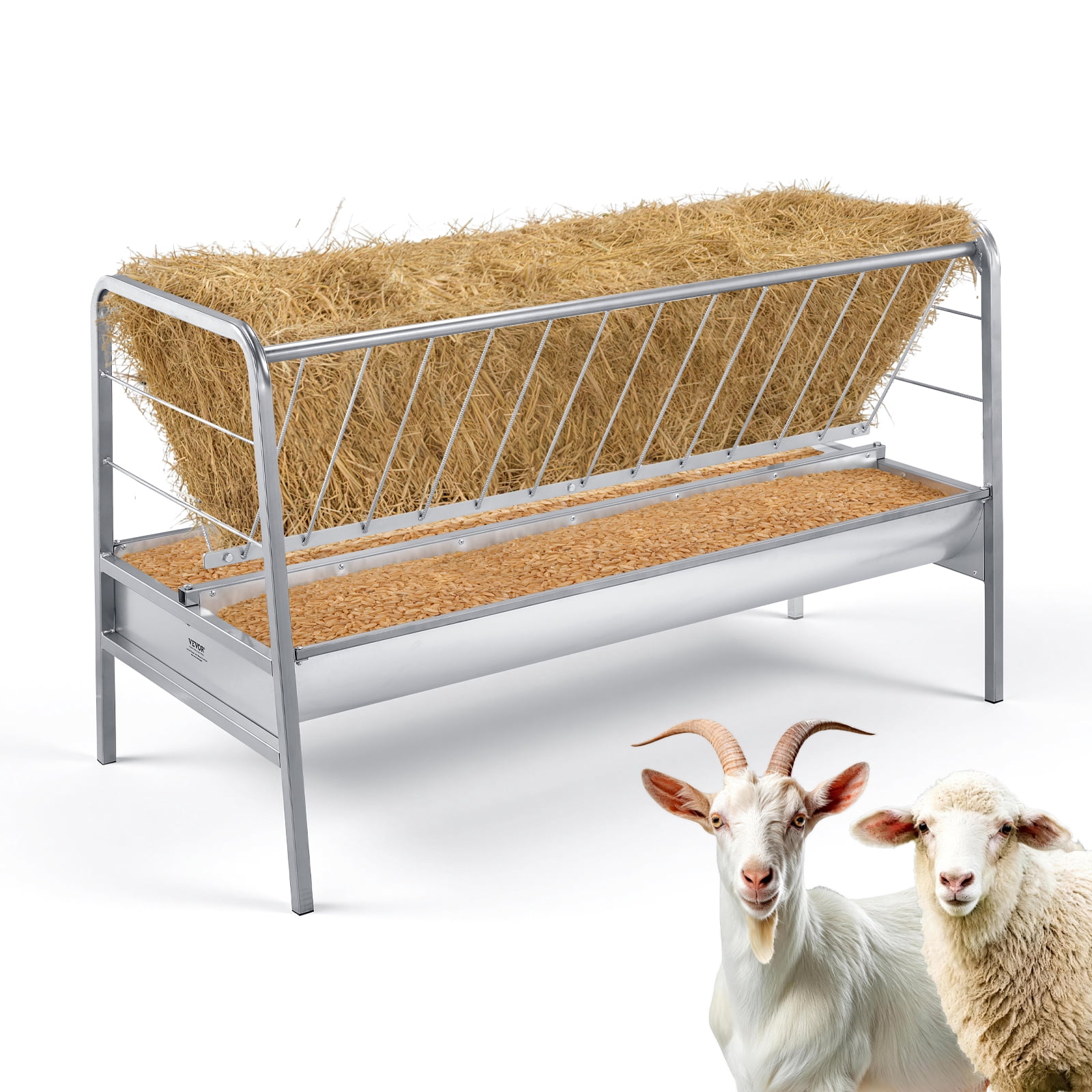 VEVOR Livestock Hay Feeder, 2 in 1 Grain & Hay Feeder, 80-Gallon ...