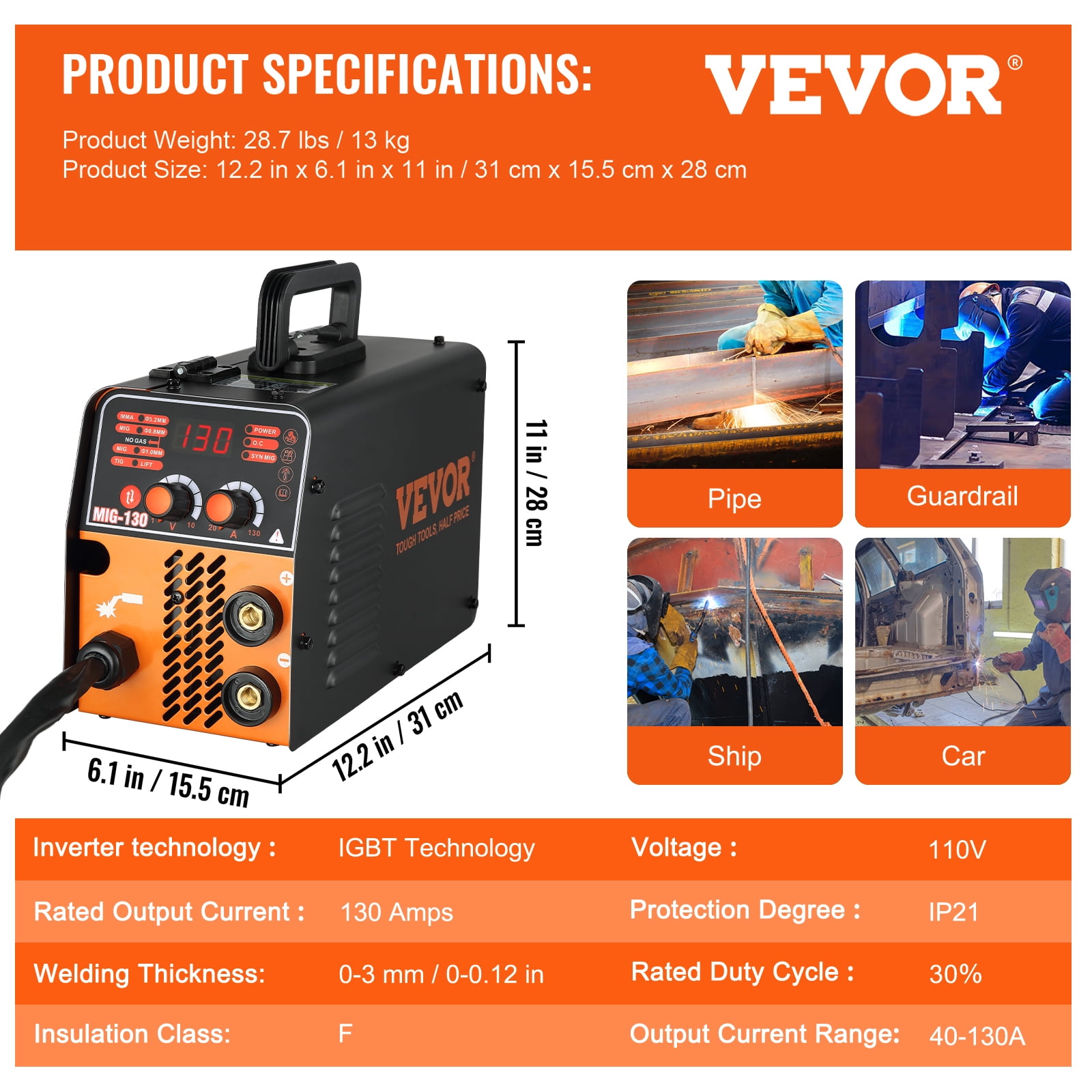 VEVOR MIG Welder 130A Portable Welding Machine 3 in 1 Combo MMA/MIG/LIFT TIG Flux Core Welder ...