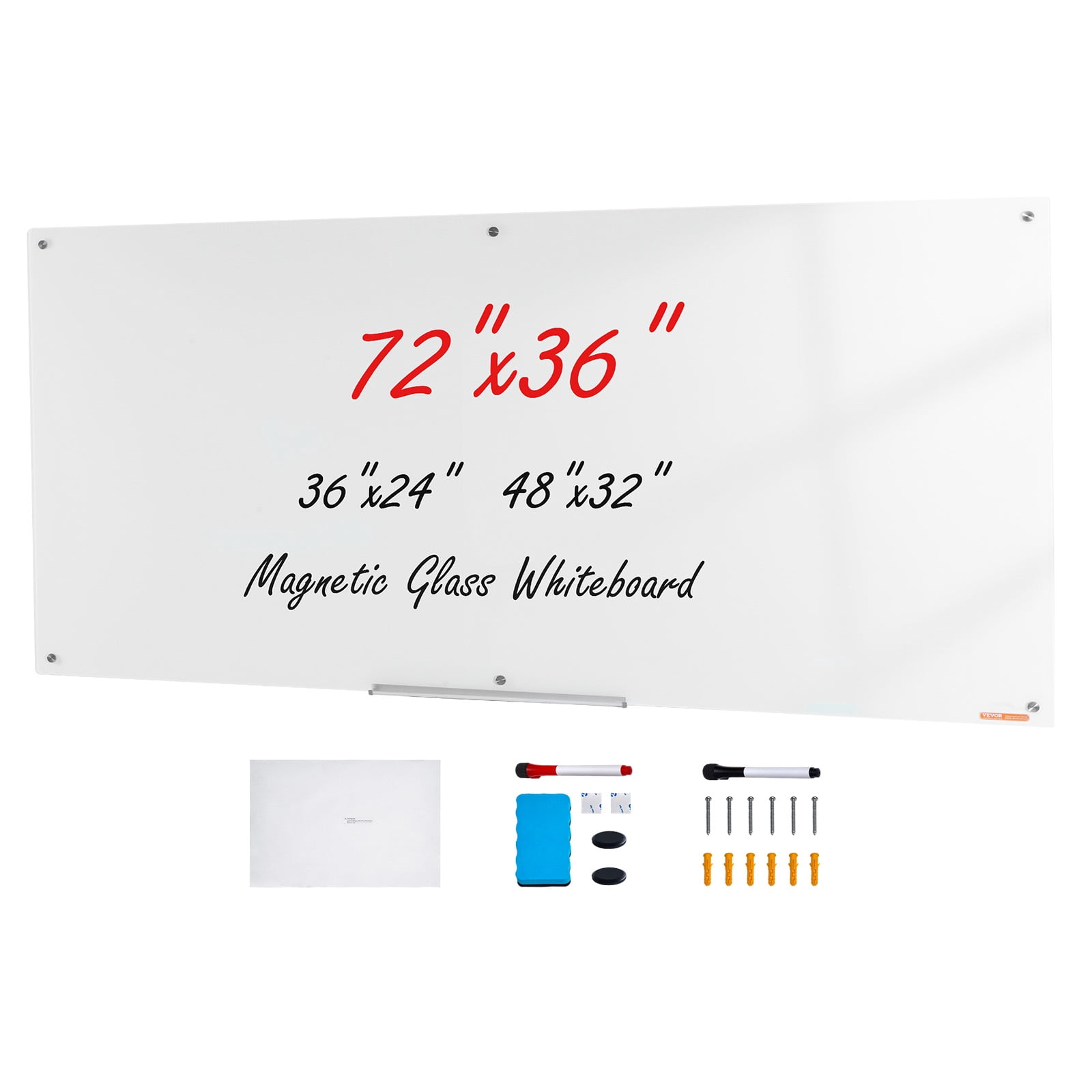 VEVOR Magnetic Glass Whiteboard, Dry Erase Board 72"x36", Wall-Mounted ...