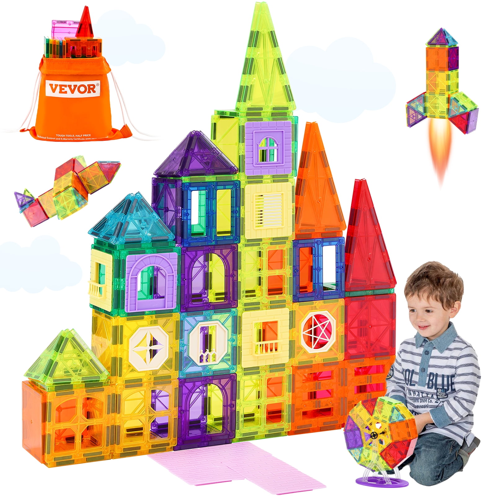 VEVOR Magnetic Tiles,181 PCS Magnetic Building Blocks for Kids, Magnet ...