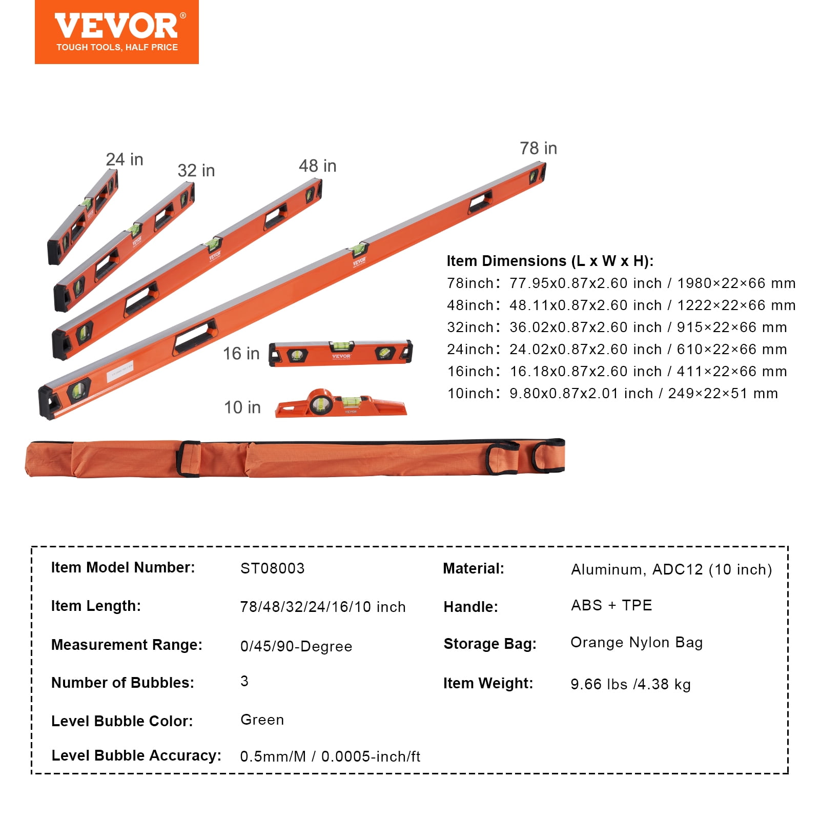 VEVOR Magnetic Torpedo Level 48/24/16/10 in Mechanical Level Set Bubble ...