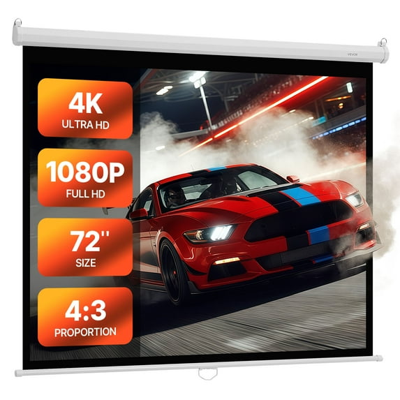 VEVOR Manual Projector Screen, 72 inch 4:3 4K 1080 HD Retractable Pull ...