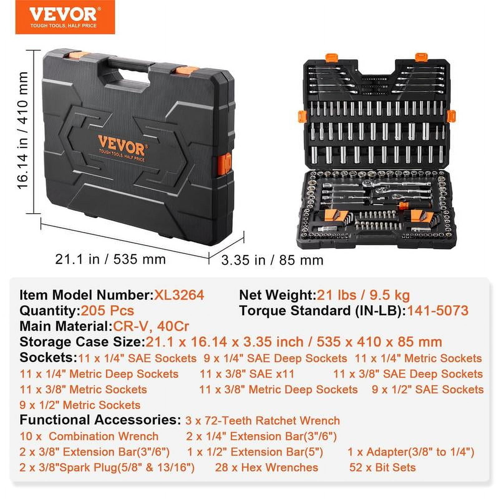 VEVOR Mechanics Tool Set and Socket Set, 1/4" 3/8" 1/2" Sockets, 145/205/450 Pcs SAE & Metric ...