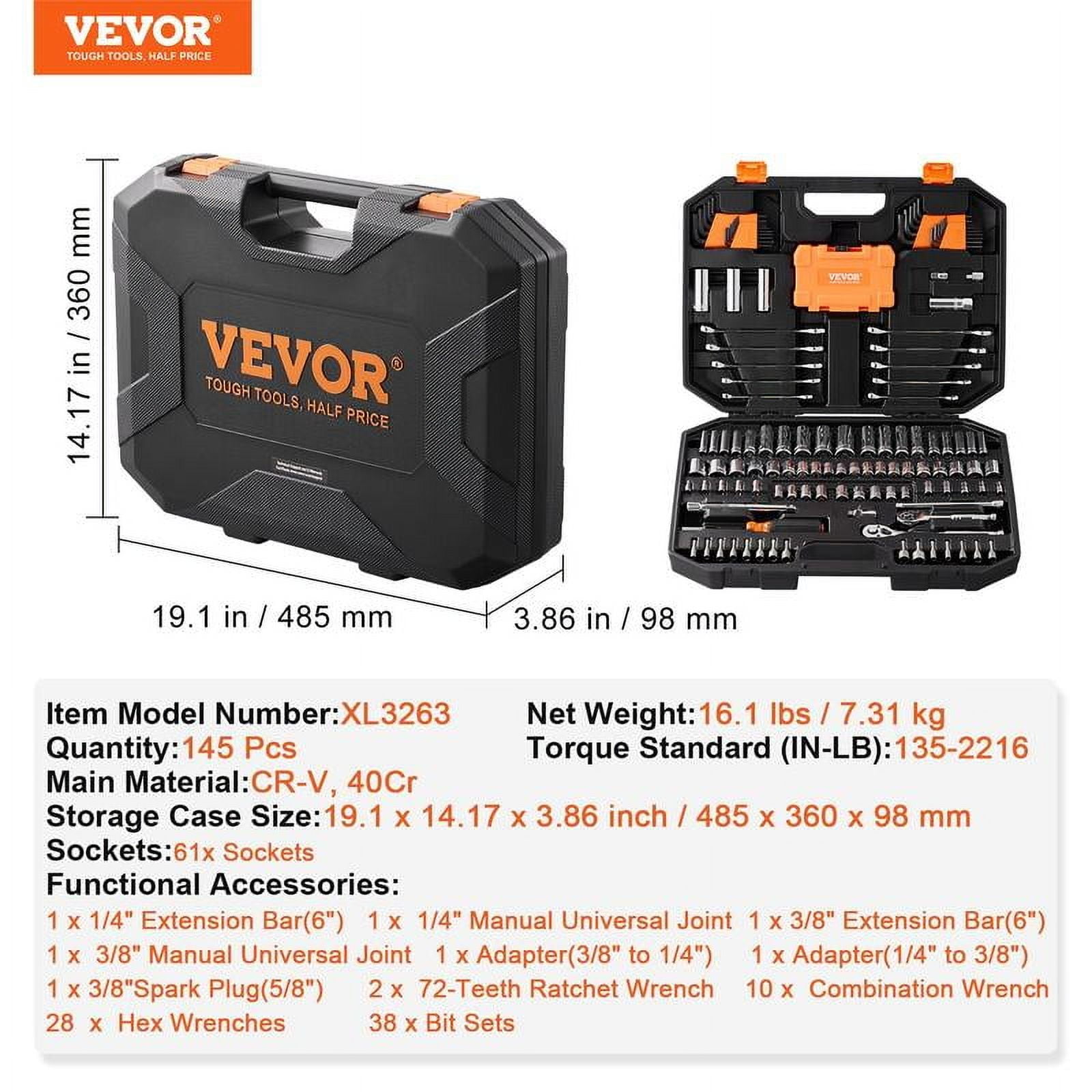 VEVOR Mechanics Tool Set and Socket Set, 1/4" 3/8" 1/2" Sockets, 145/205/450 Pcs SAE & Metric ...