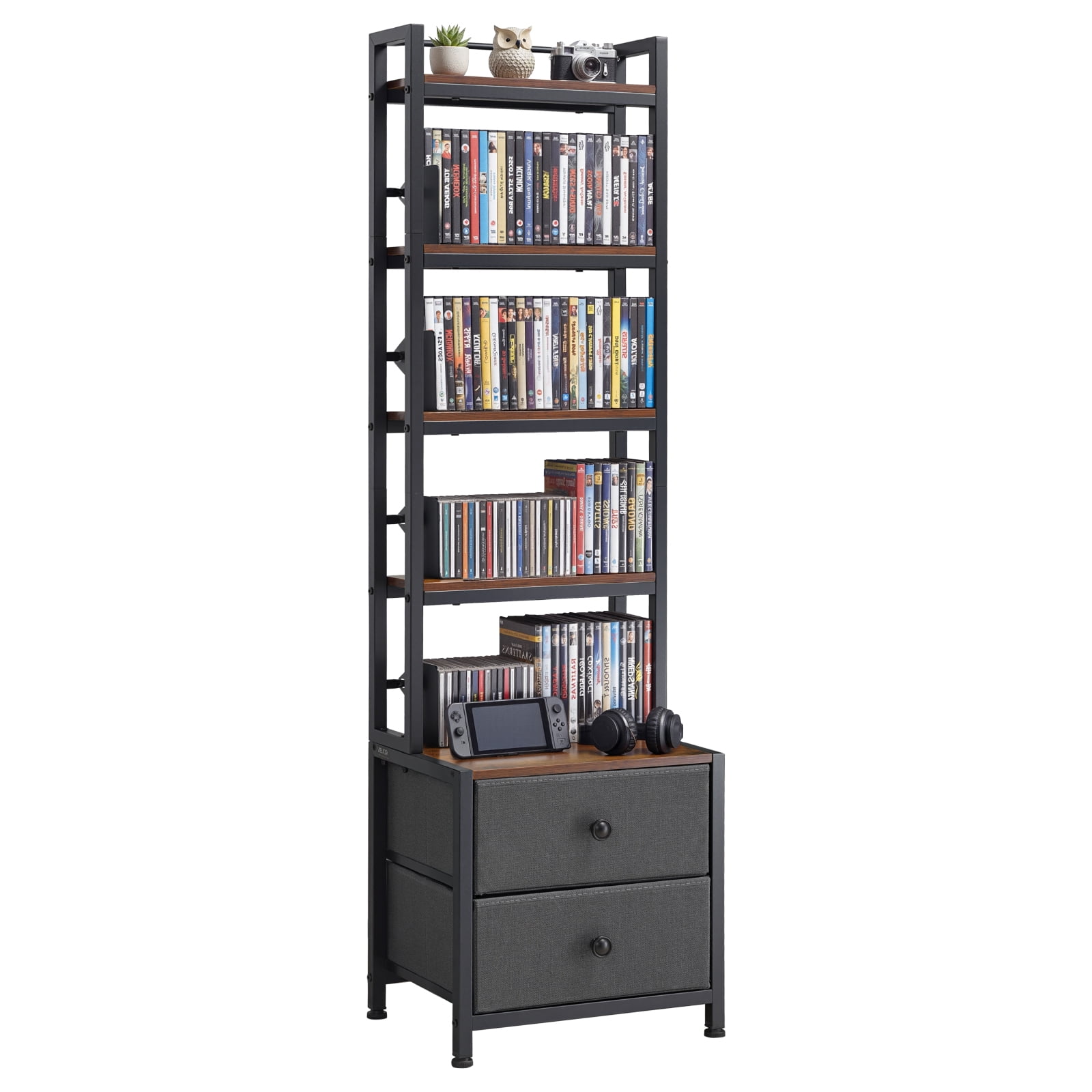 VEVOR Media Storage Cabinet, 4-Shelf DVD Shelf Organizer with Drawers ...