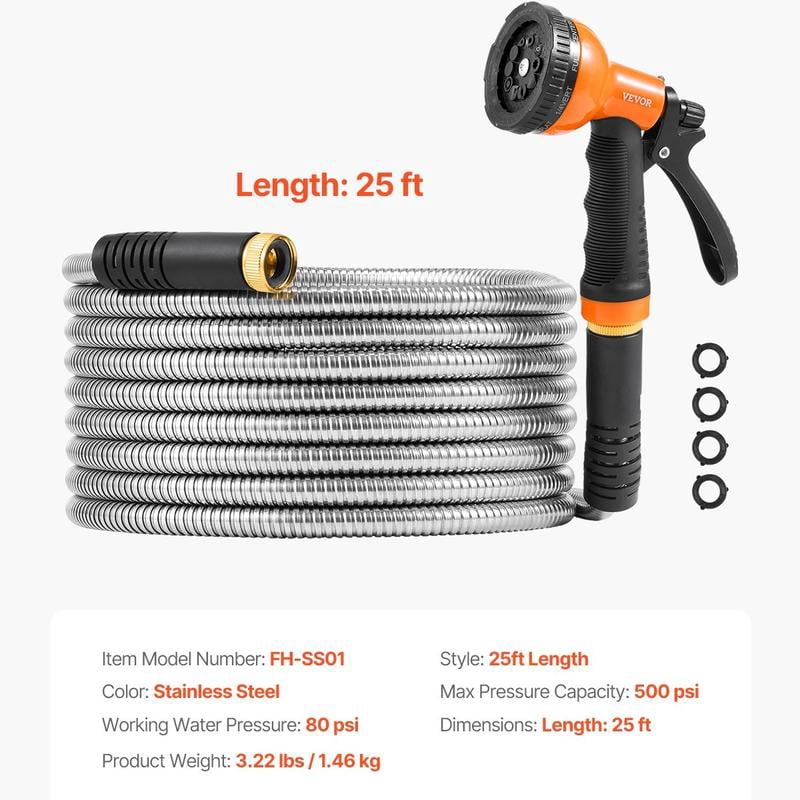 VEVOR Metal Garden Hose , Max. 200 ft Rust Proof Stainless Steel Water ...