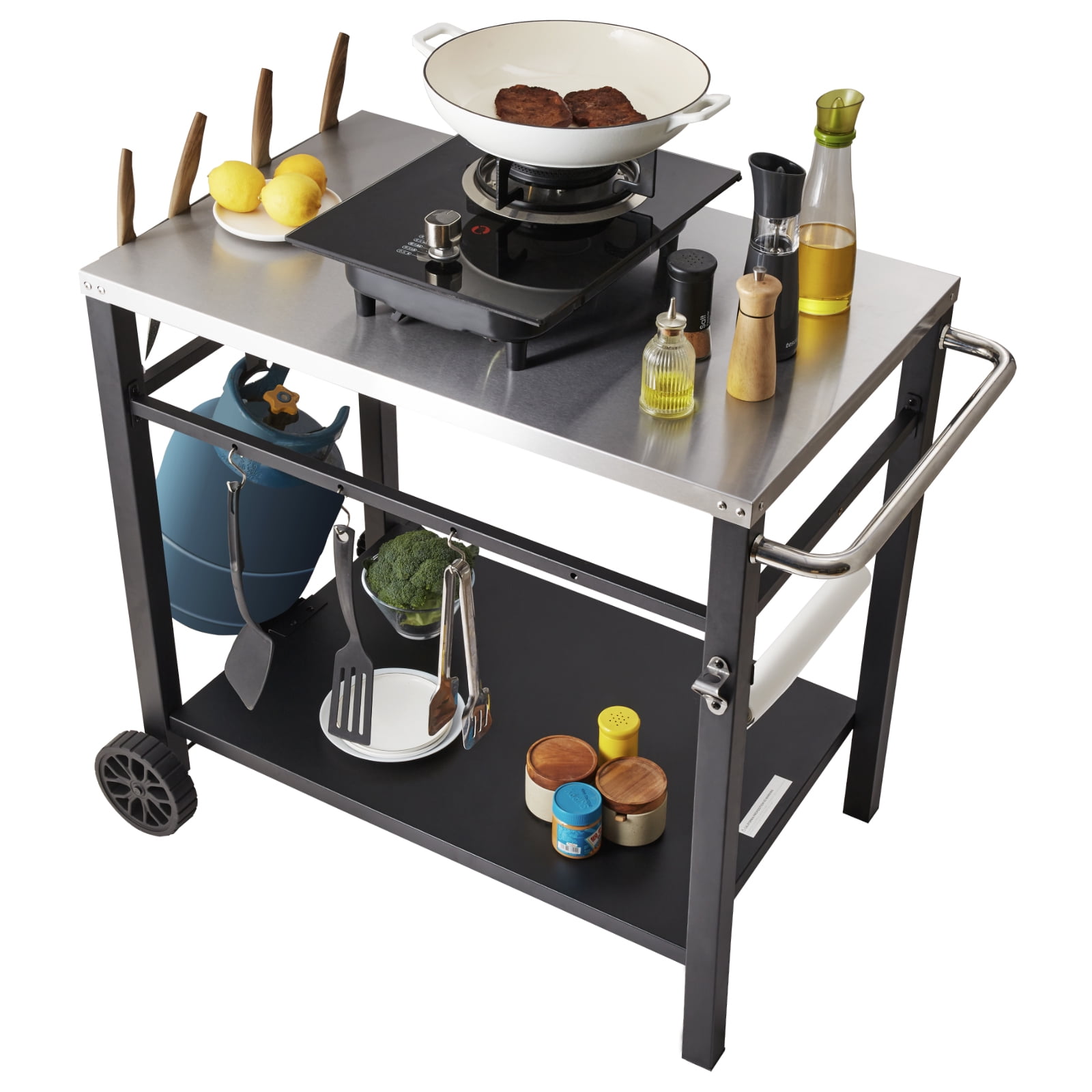 VEVOR Outdoor Grill Dining Cart with Double-Shelf, BBQ Movable Food ...