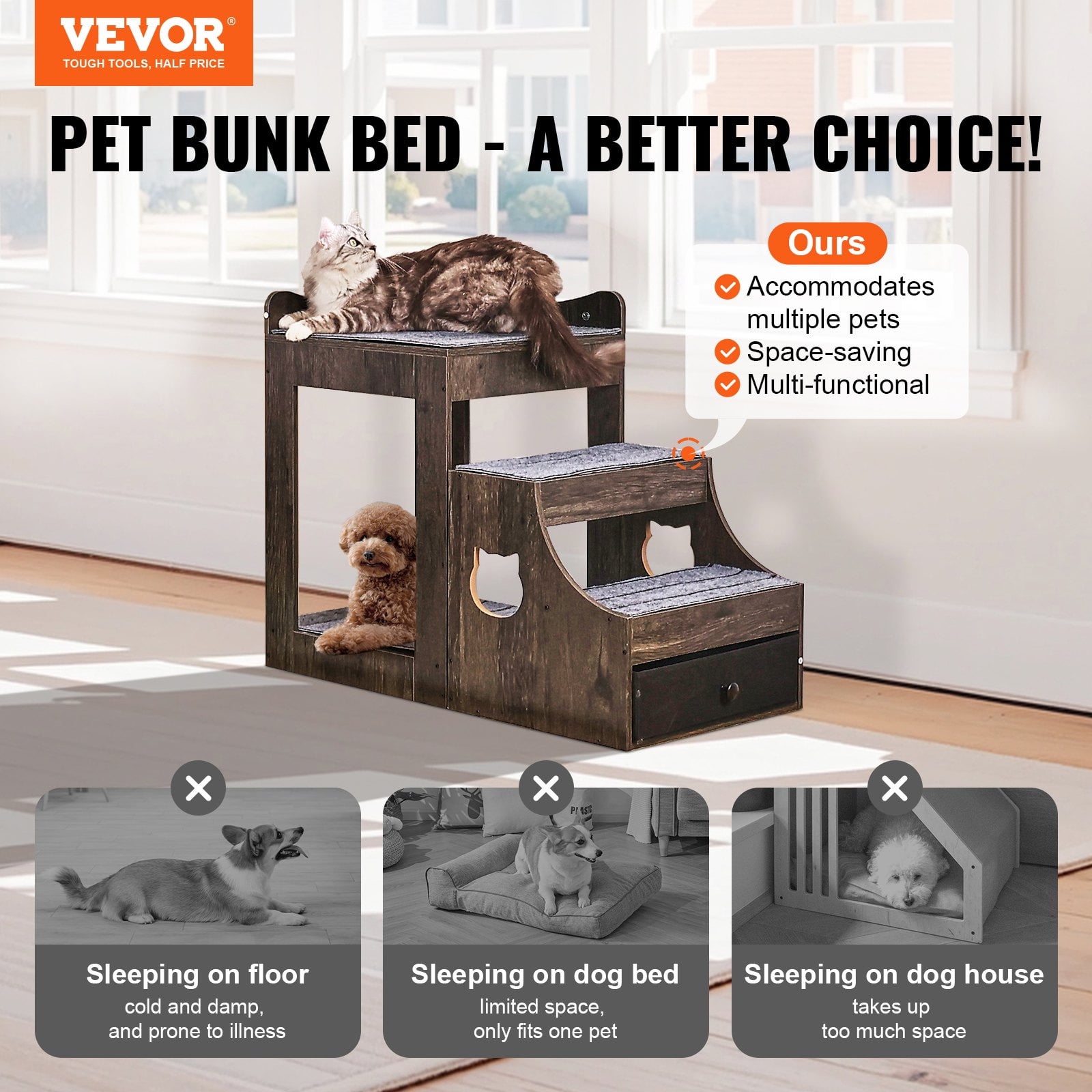 VEVOR Pet Bunk Bed with Stairs Dog/Cat Window Perch with Storage Indoor ...