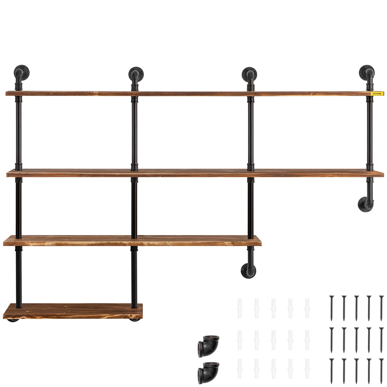 VEVOR Pipe Shelf, Industrial Steel Pipe Shelving w/ 4-Shelf Solid Wood ...