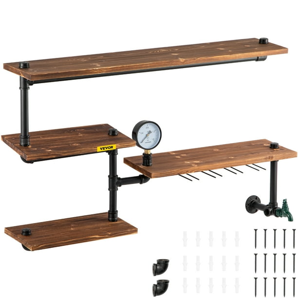 VEVOR Pipe Shelf, Industrial Steel Pipes Shelving w/ 4-Tier Solid Wood ...
