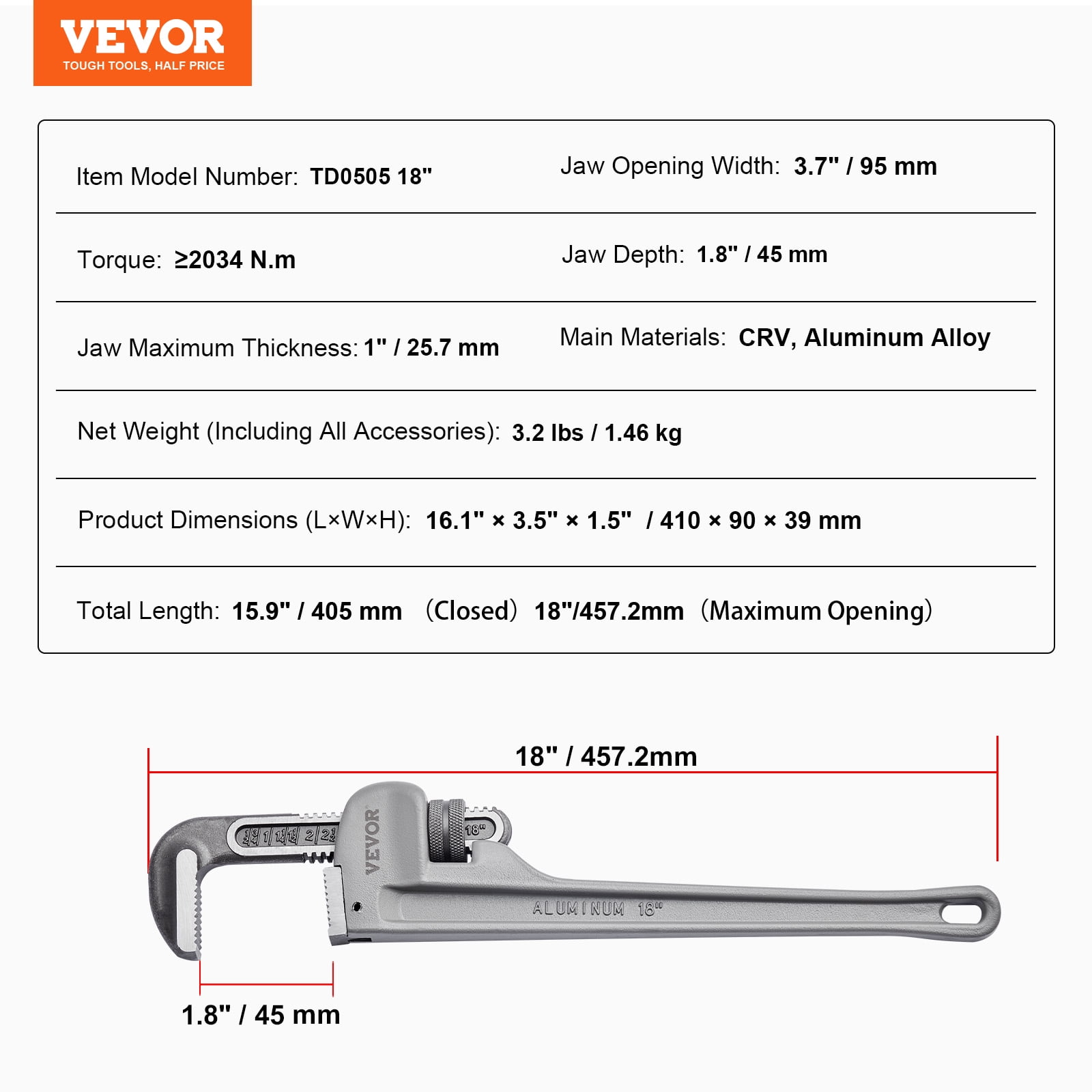 VEVOR Pipe Wrench Aluminum Straight Pipe Wrench Adjustable Plumbing ...