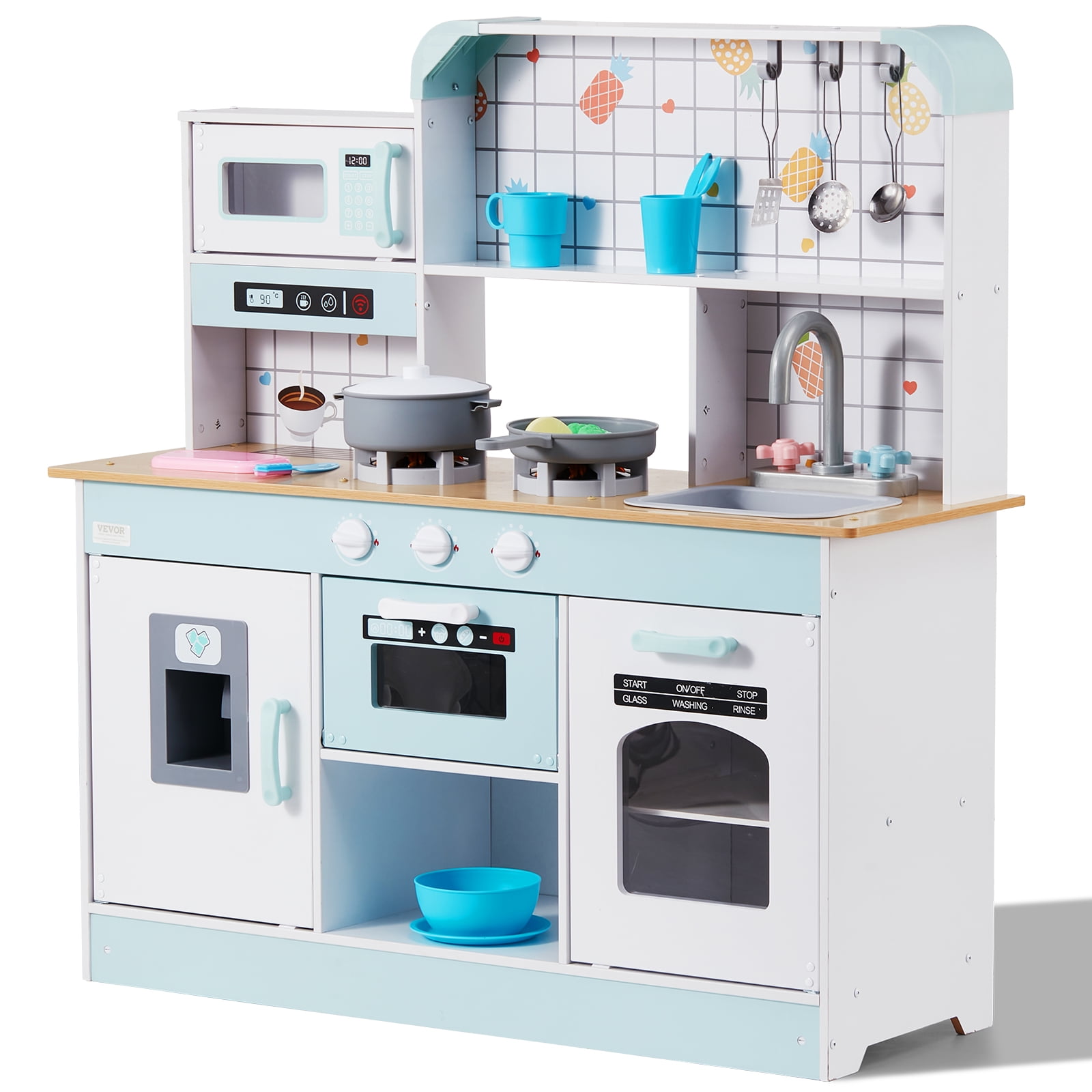 VEVOR Play Kitchen for Kids, Wooden Toy Kitchen Set with Lights and ...
