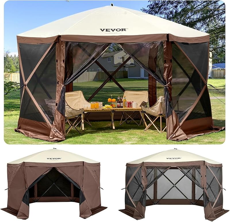 VEVOR Pop Up Gazebo Screen Tent 6 Sided Canopy Sun Shelter with 6 ...