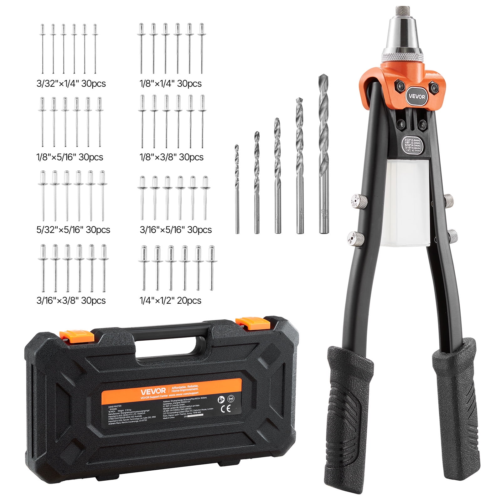 VEVOR Pop Rivet Gun Kit, with 230 Blind Rivets, Two-Handed Riveter with ...