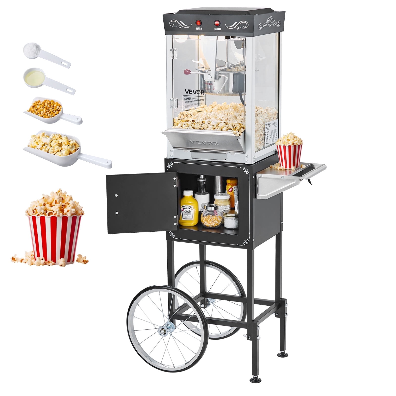 VEVOR Popcorn Machine with Cart, 8oz Stainless Steel Kettle, 800W ...