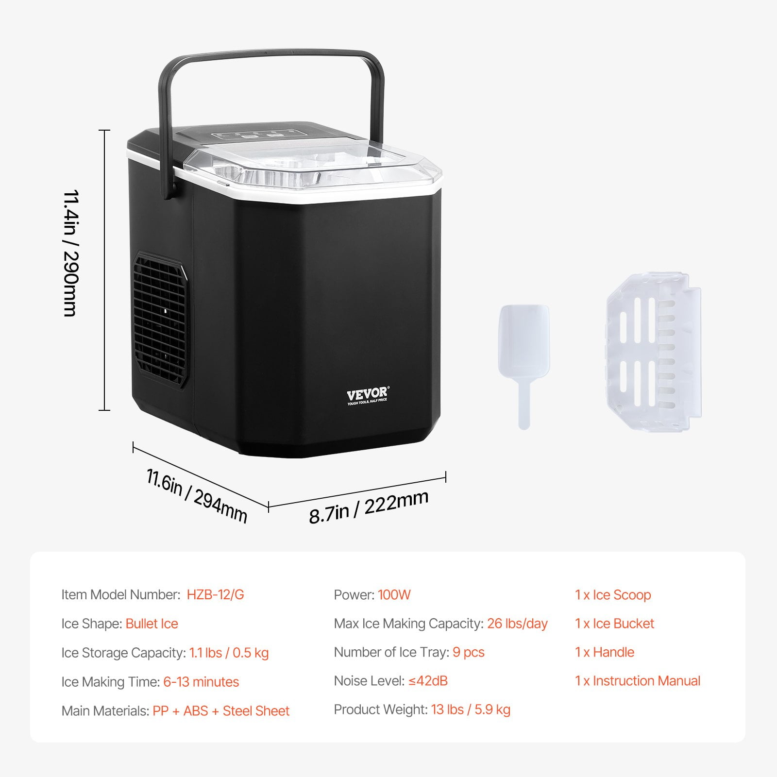 VEVOR Portable Countertop Ice Maker 26Lbs/24H Self-Cleaning with Scoop Basket,Carry/No Handle ...