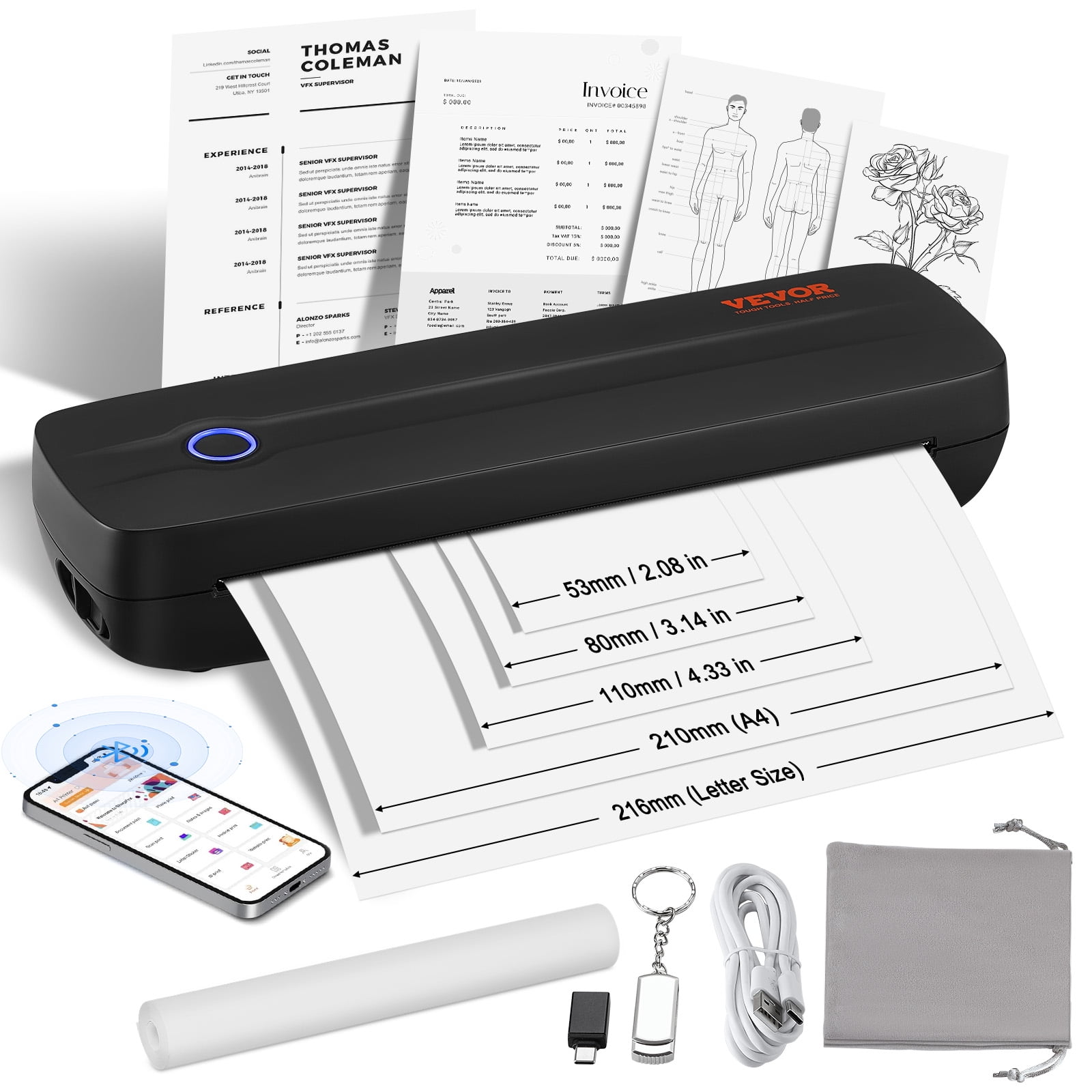 VEVOR Portable Printer - 2600mAh Battery, 203 DPI, Bluetooth Inkless ...