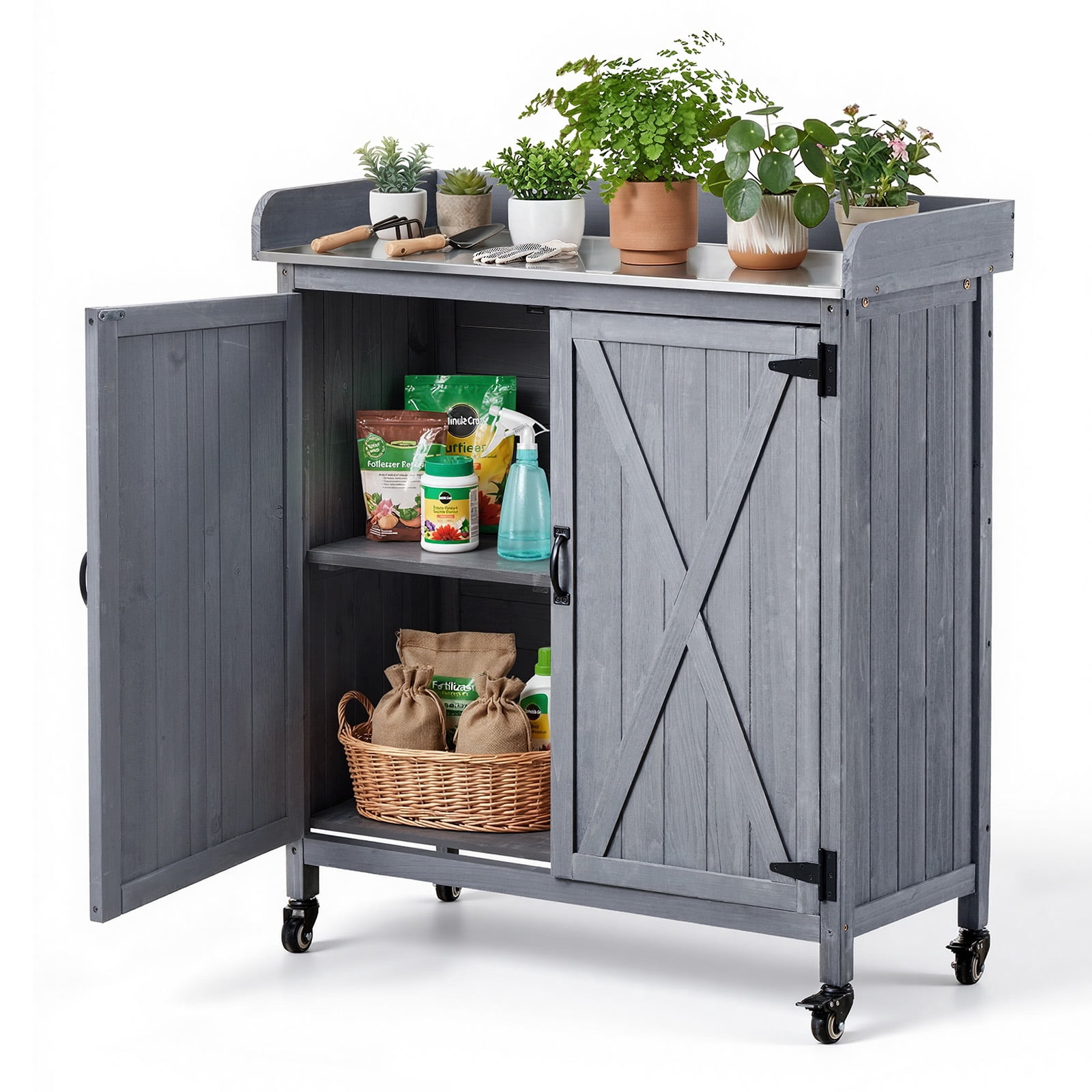 VEVOR Potting Bench Table, Outdoor Gardening Wooden Storage Cabinet ...