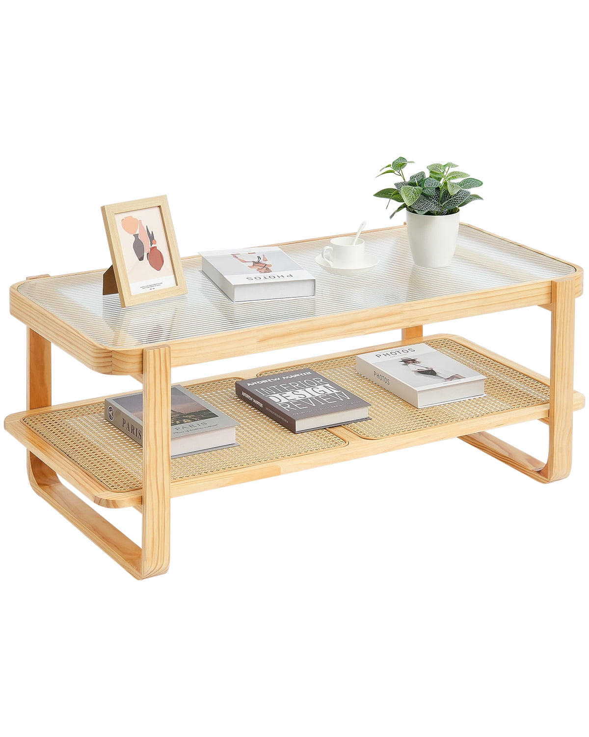 VEVOR Rattan Coffee Table, Rectangle Rattan Woven Wood Coffee Table ...