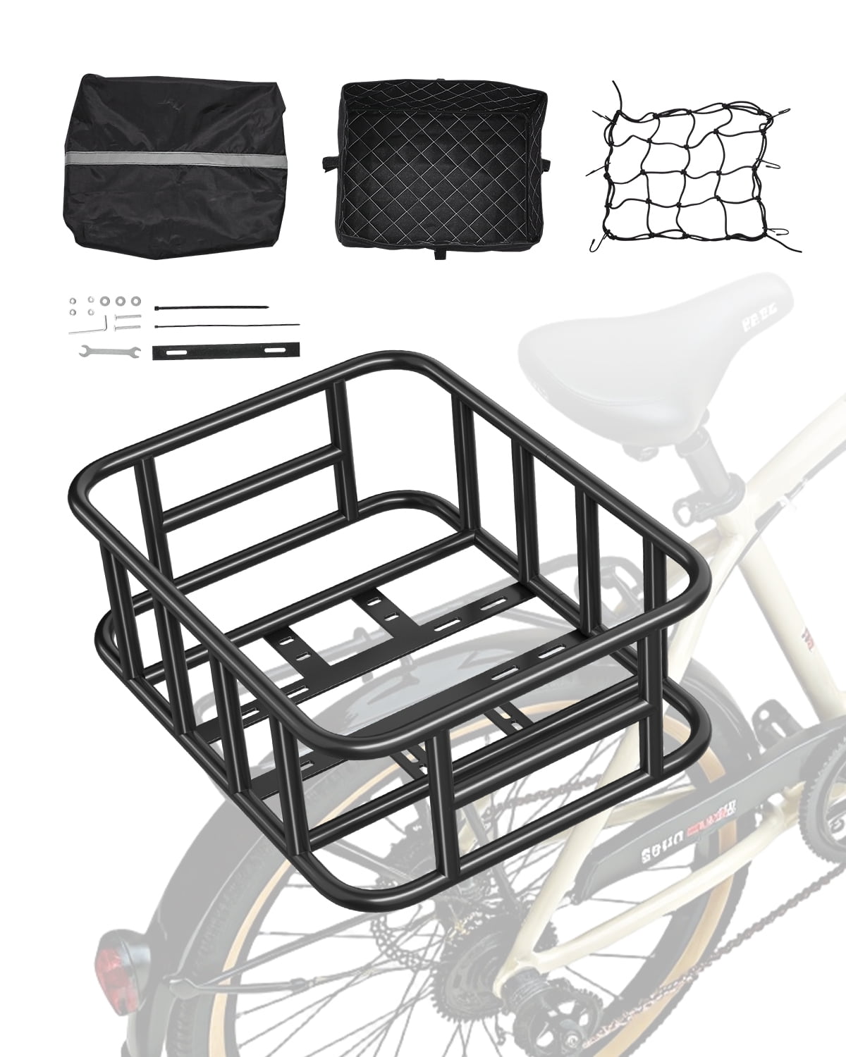 VEVOR Rear Bike Basket, Medium Bicycle Basket with Cargo Net, Liner ...