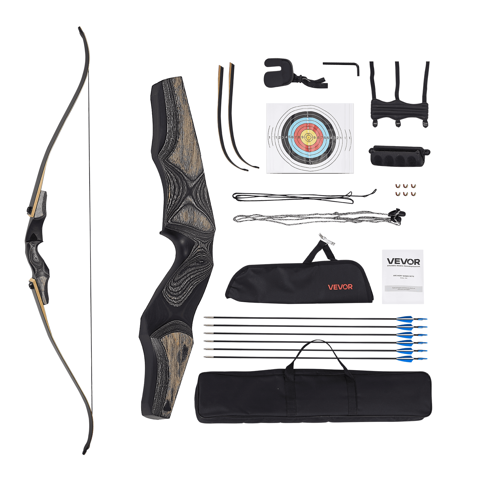 VEVOR Recurve Bow and Arrows Kit, 60 inch Wooden Takedown Bows, Right ...
