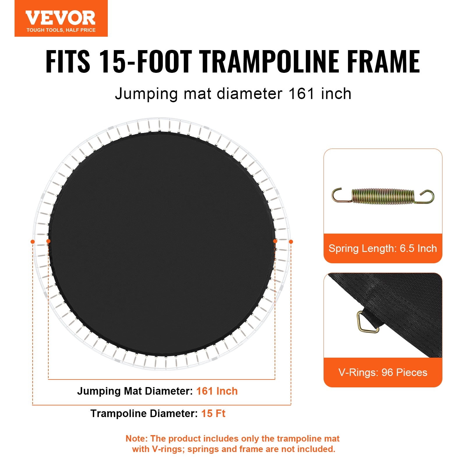VEVOR Replacement Trampoline Mat Fits 15ft Frame 96 V-Rings 6.5" Spring ...