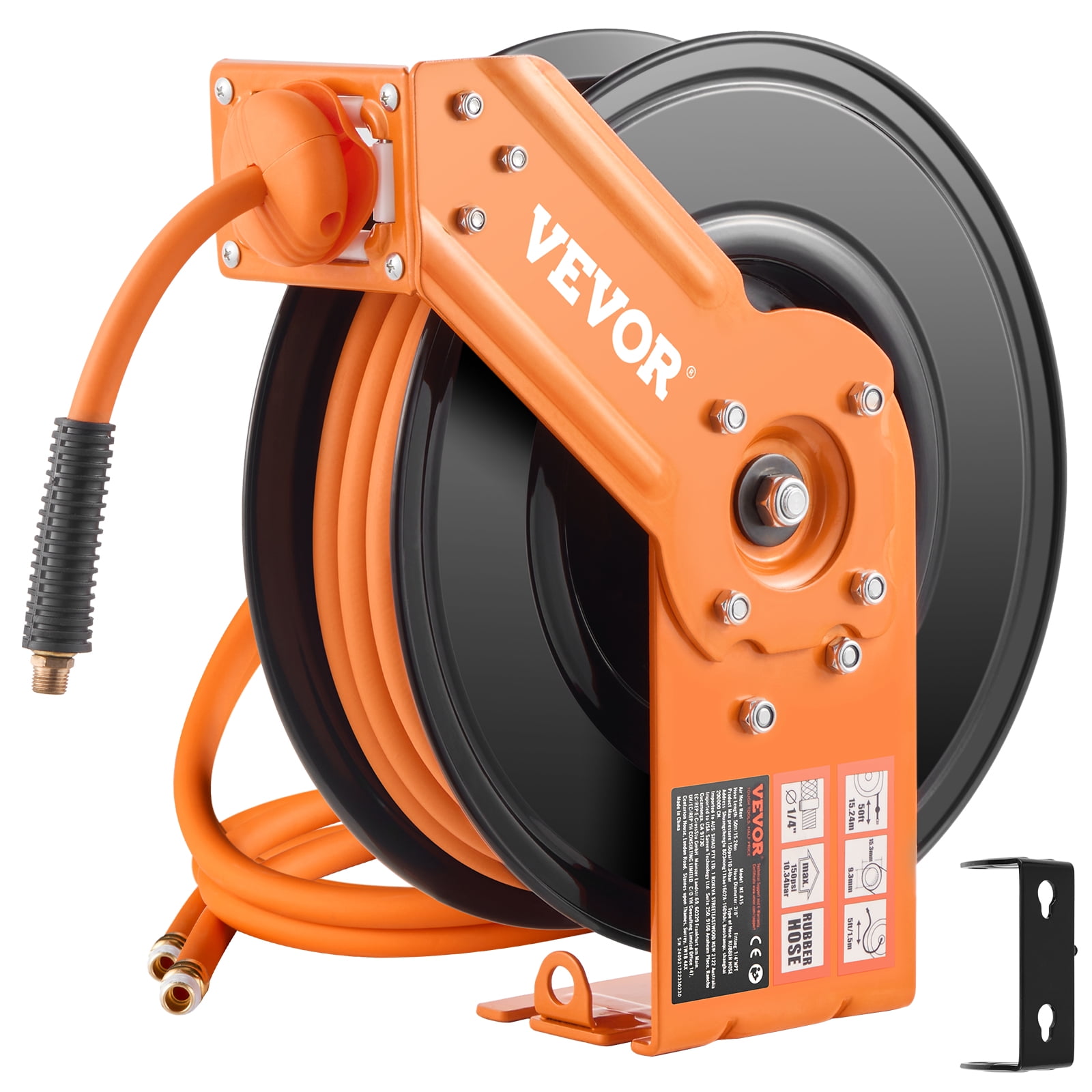 VEVOR Retractable Air Hose Reel, 3/8IN x 50FT Rubber Air Hose Max ...