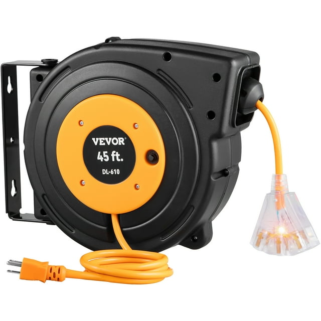 VEVOR 45ft Retractable Cord Reel, 12AWG/3C, Lighted Outlet, 15Amp ...
