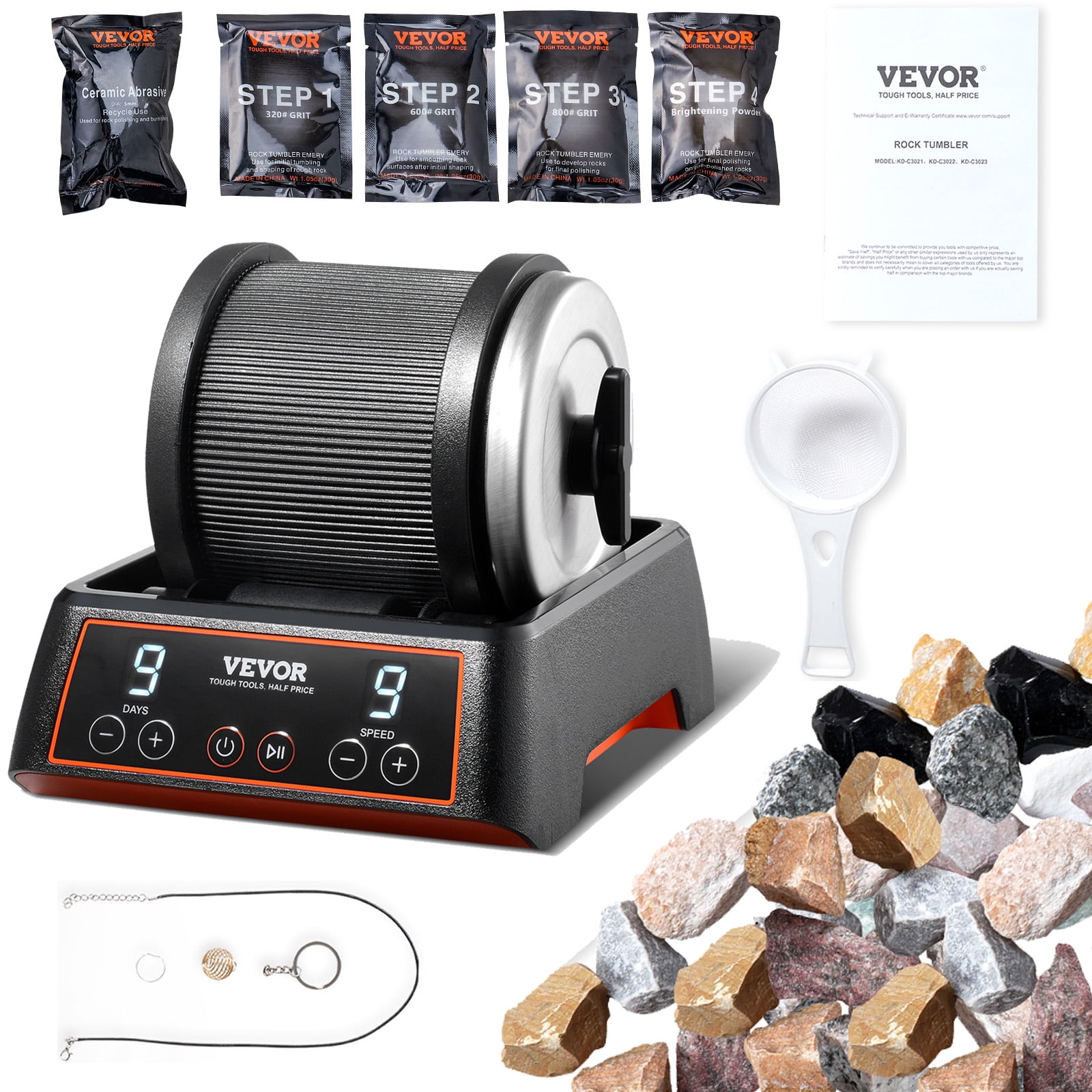 VEVOR Rock Tumbler Kit, 2.5 lbs Rock Polishing Kit, 9 Speed Settings 9 ...