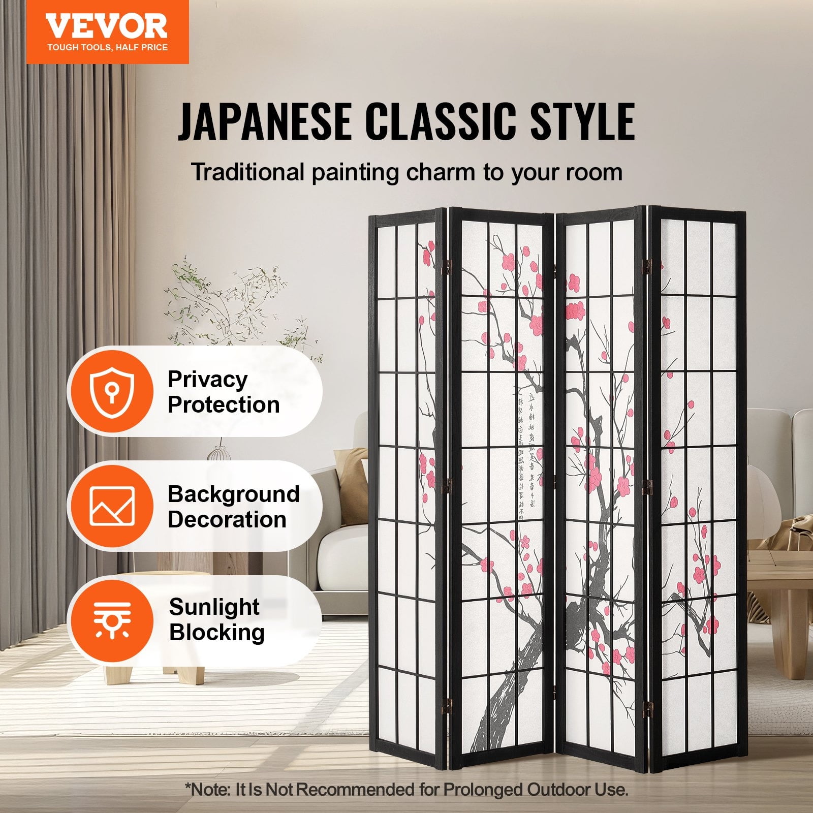 VEVOR Room Divider, 4 Panel Japanese Room Divider Screen, Wood Folding ...