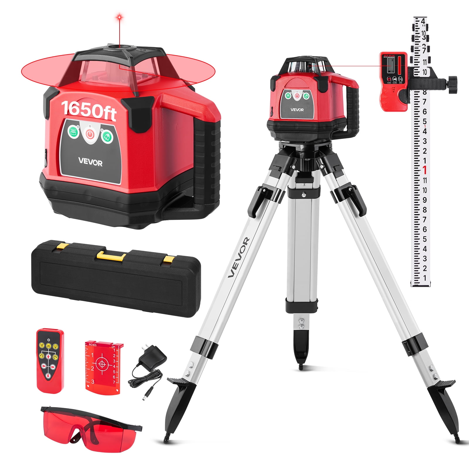 VEVOR Rotary Laser Level Kit, 1650ft 360-Degree Self Leveling Red ...