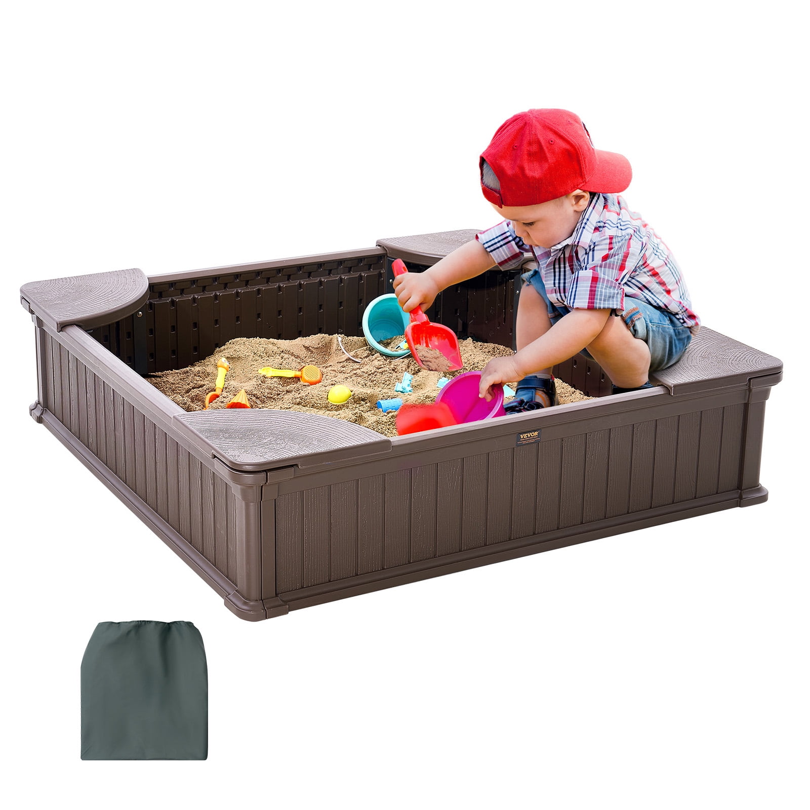 VEVOR Sandbox with Cover, 48.6x48.6x12.4 in Square Sand Box, HDPE Sand ...